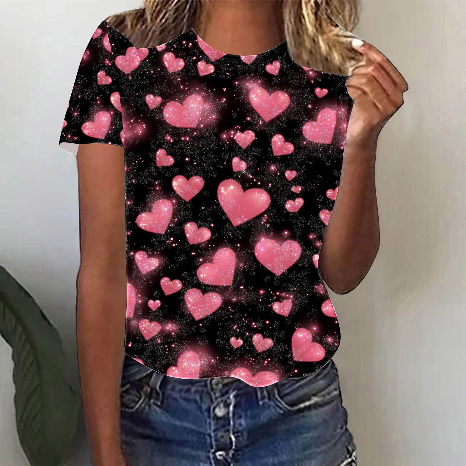EchfiProm Valentine's Day Shirts for Women Summer Fashion T-shirt LOVE Heart Crew Neck Short ...