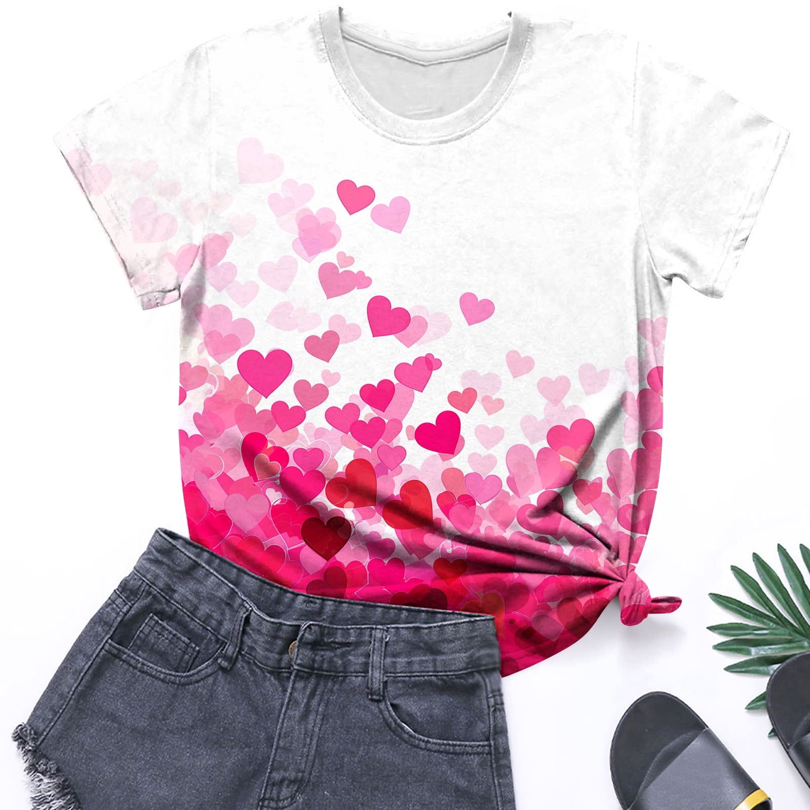 EchfiProm Valentine's Day Tops for Womens White Graphic T-shirt Crew Neck Summer Short Sleeve ...
