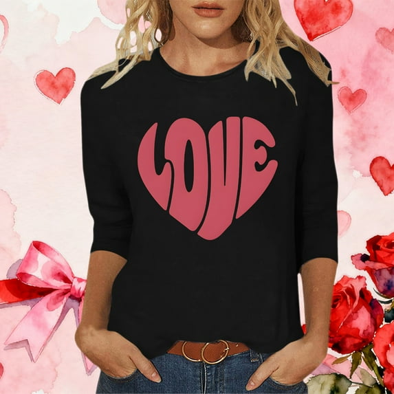 EchfiProm Valentines Day Shirts for Women Heart Printed T-Shirt Valentine Holiday Plus Size Cute ...