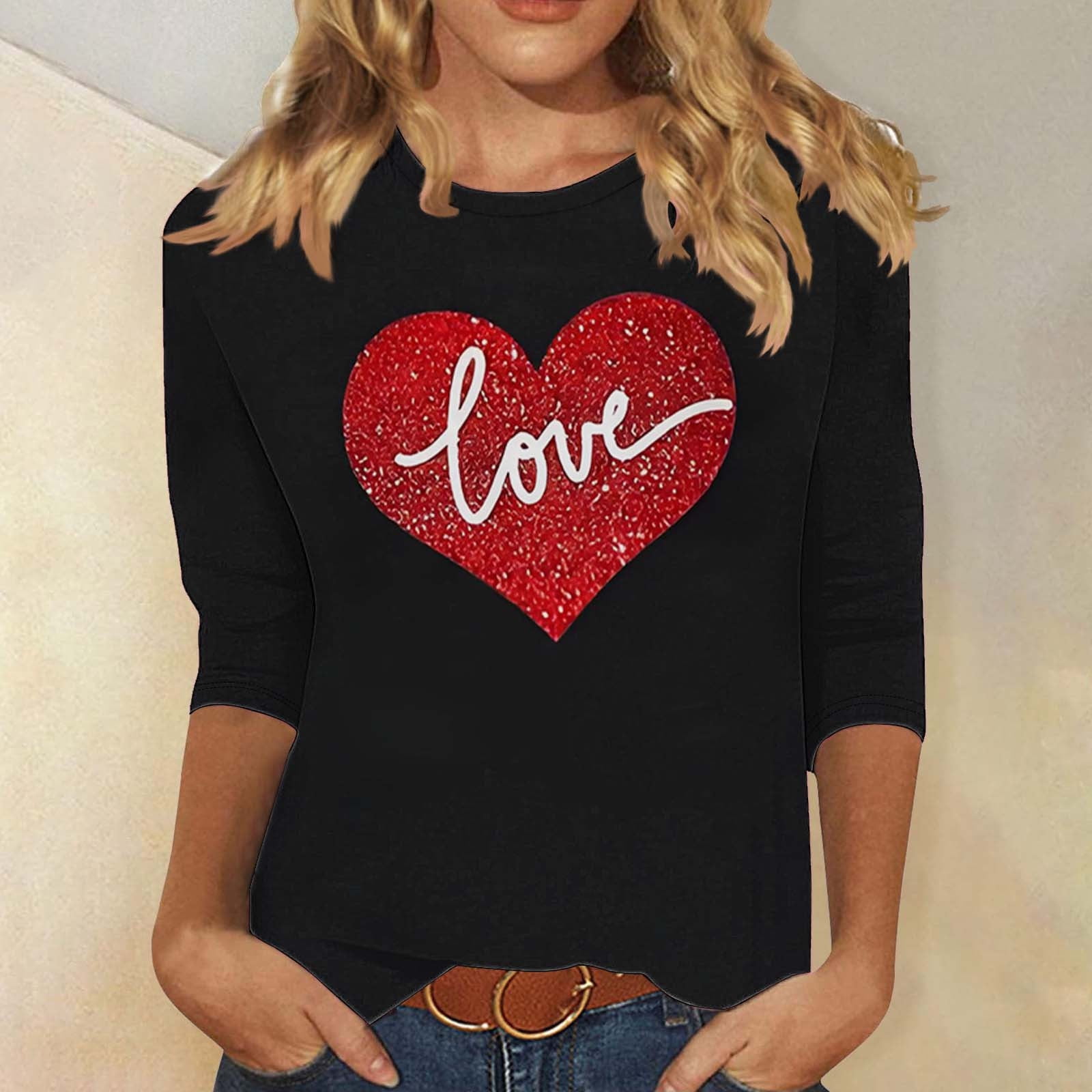 EchfiProm Valentines Day Tops for Womens Black 3/4 Sleeve Christmas Valentine Love Heart ...