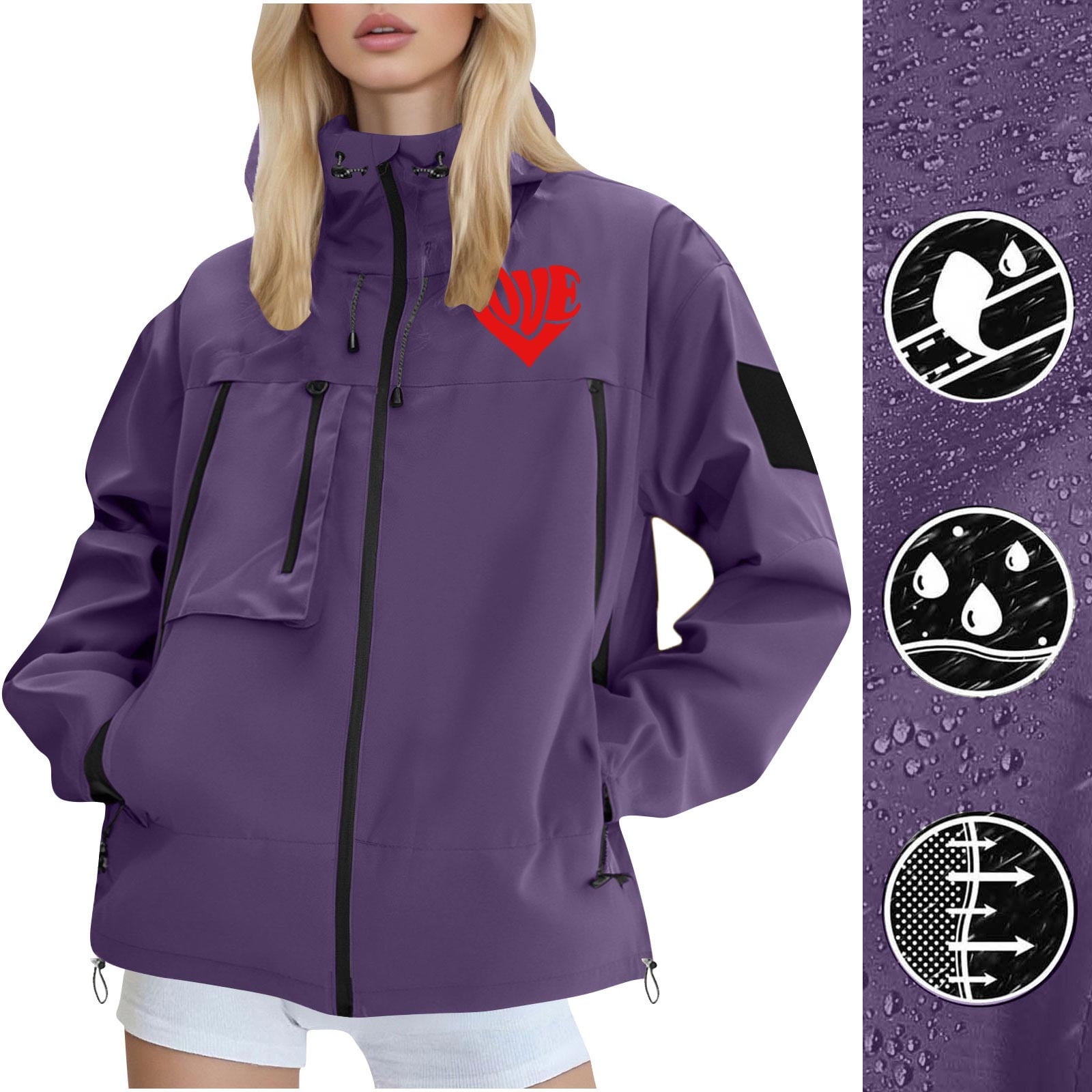 EchfiProm Women Rain Jacket with Hood Purple Zip-up Fall Multipocket ...