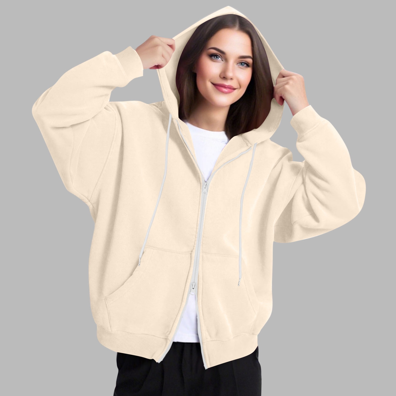 EchfiProm Women Sweatshirt Beige Zip-Up Hooded Solf Long Sleeve Two-Way ...
