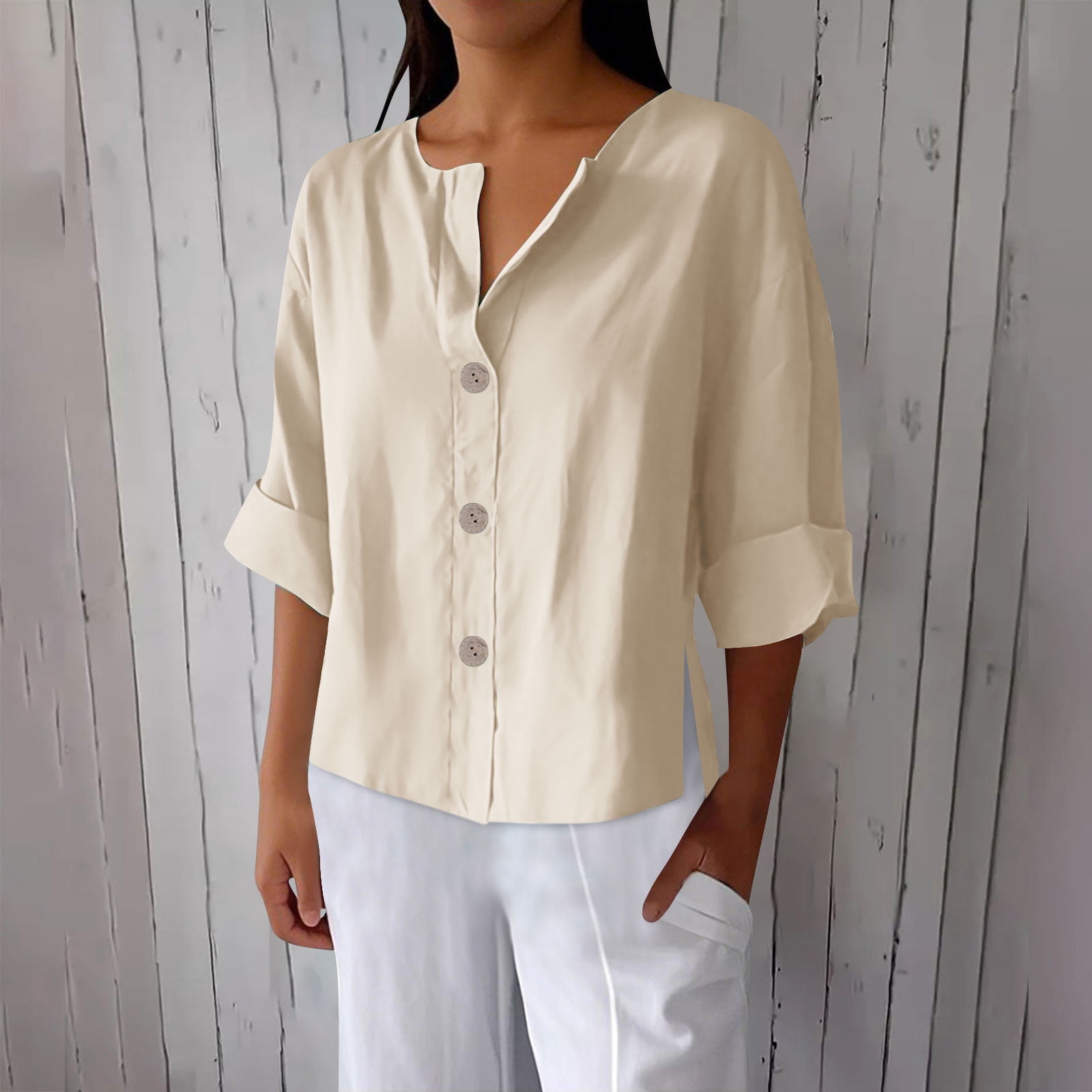 EchfiProm Women Tops Cotton Linen Beige Boho Comfy Classic Fit Button 3 ...