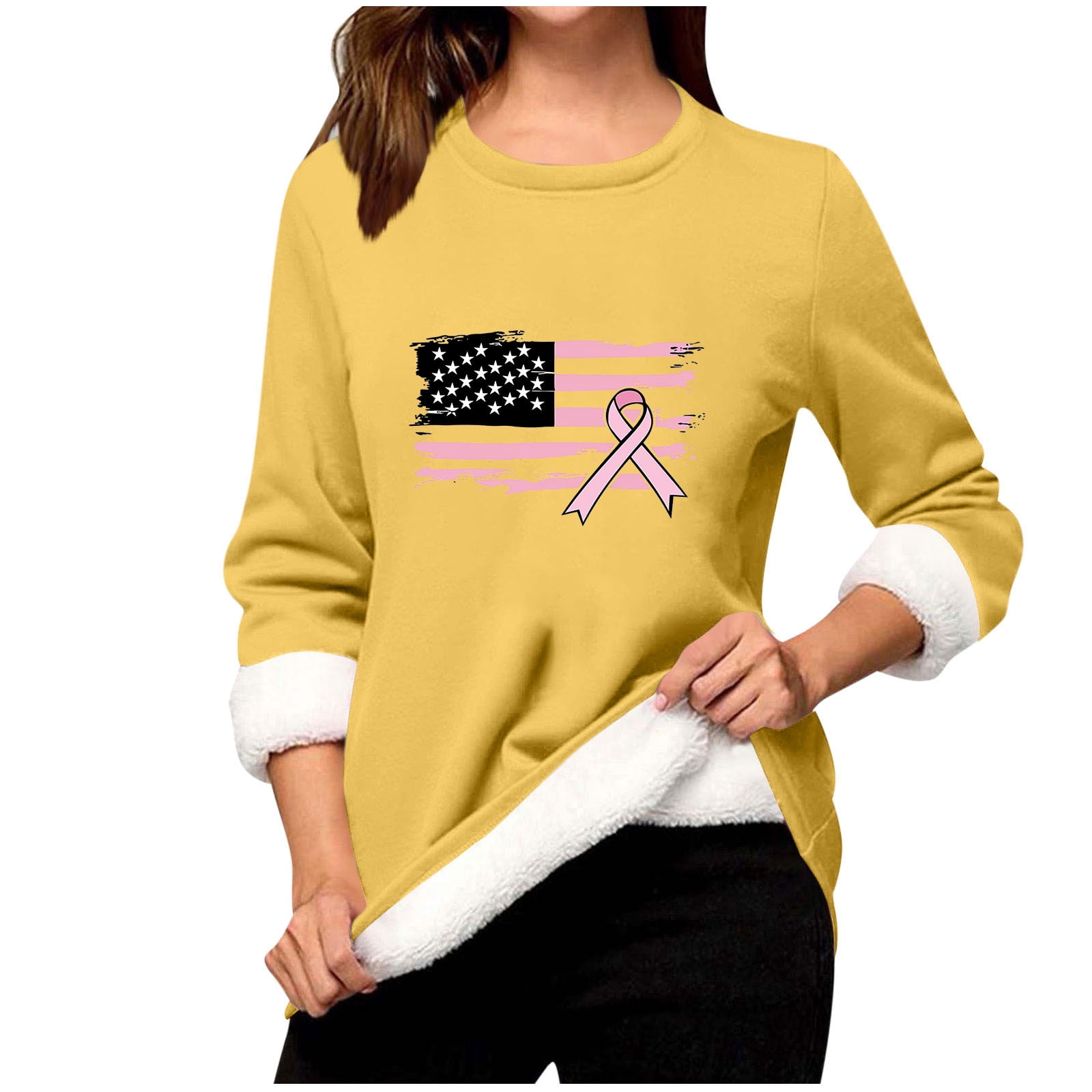 EchfiProm Womens Breast Cancer Tops Yellow Fleece Pullover Winter Long ...