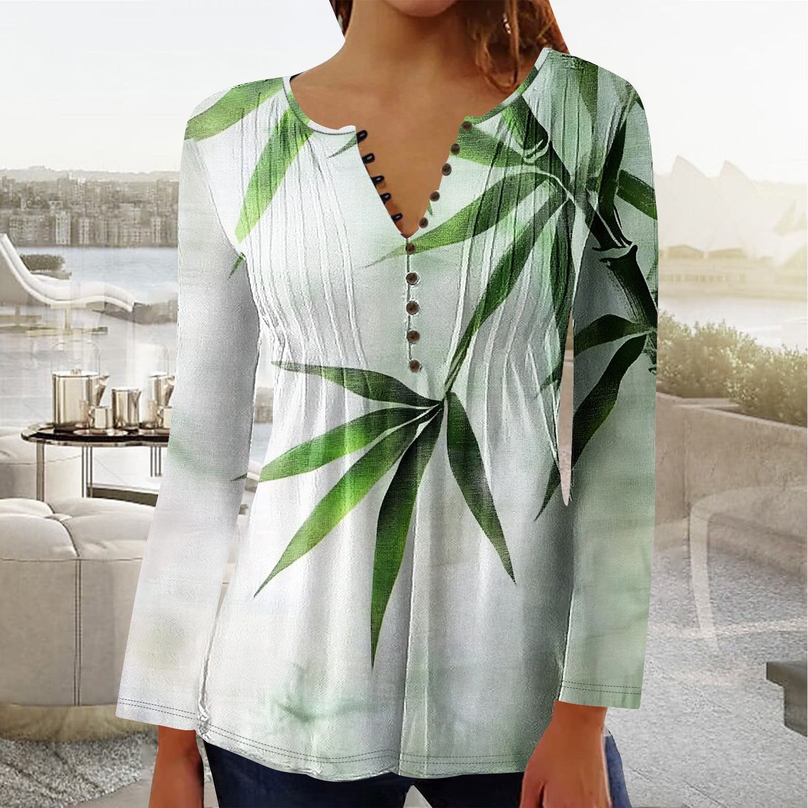 EchfiProm Womens Casual Tops Graphic Shirts Loose Blouse Slit Neck Long ...