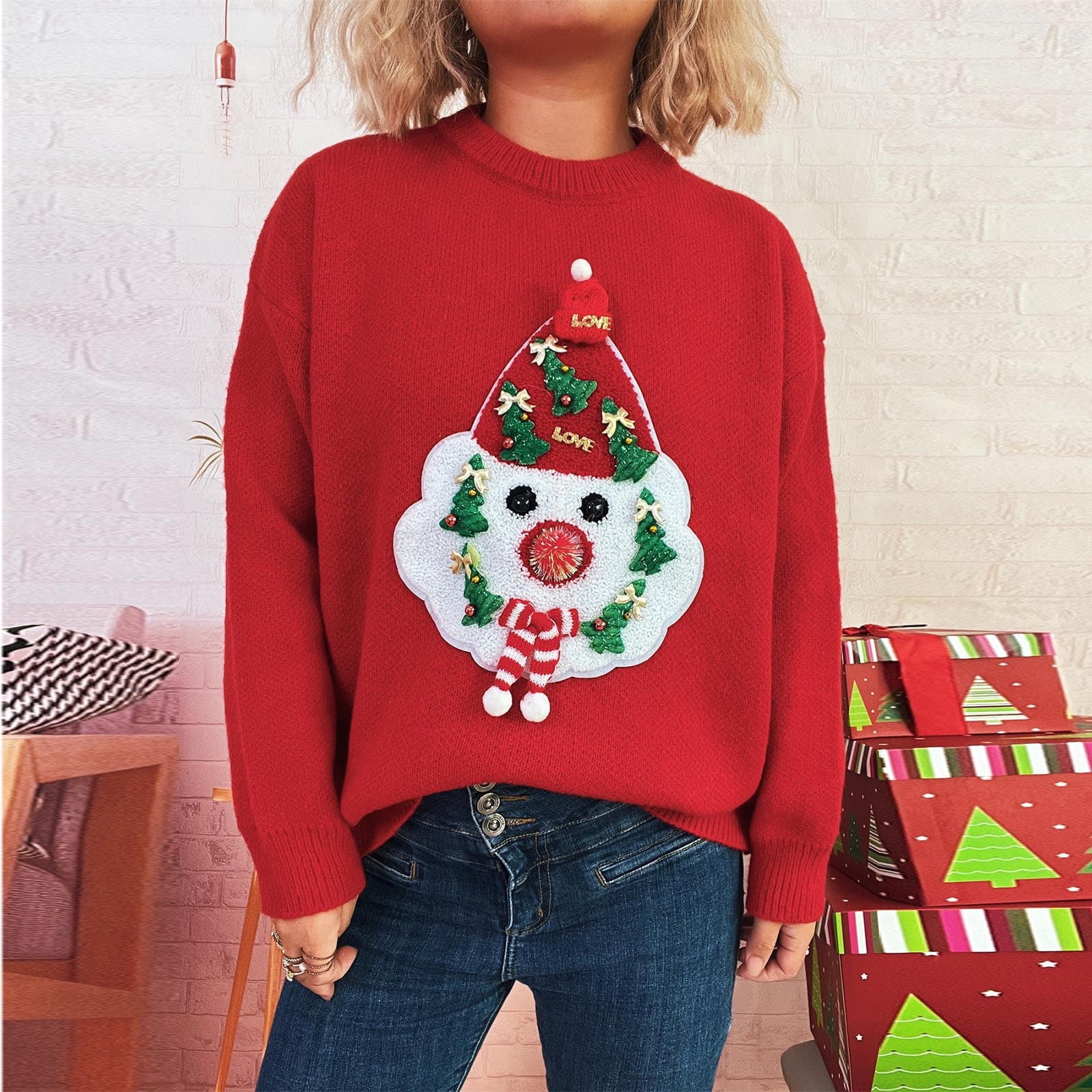 EchfiProm Womens Holiday Sweaters Christmas Red Pullover Long Sleeve ...