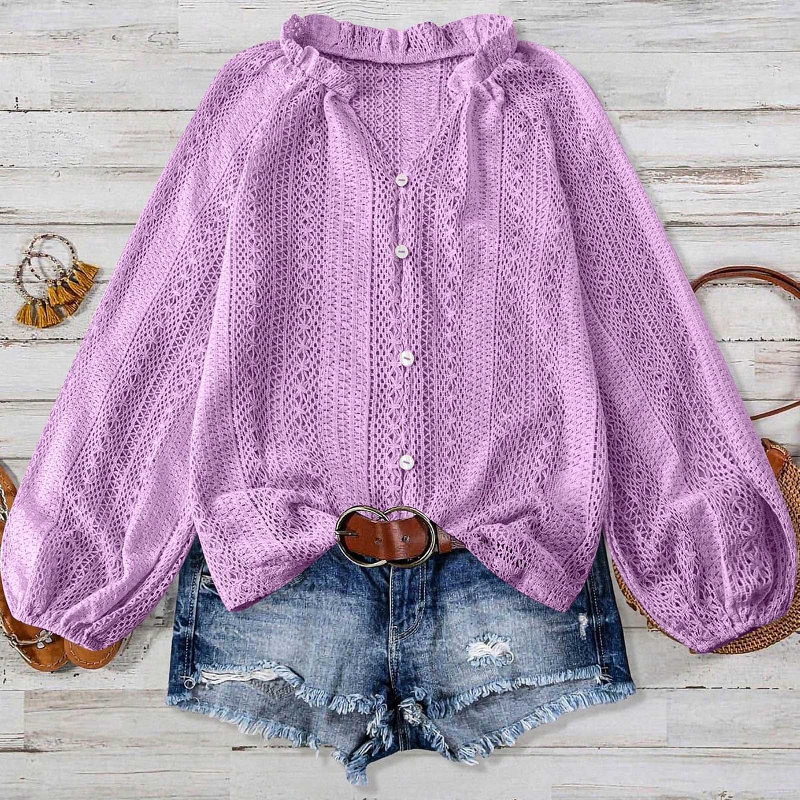EchfiProm Womens Purple Tops Lace Puff Sleeve Long Sleeve Winter Solid ...