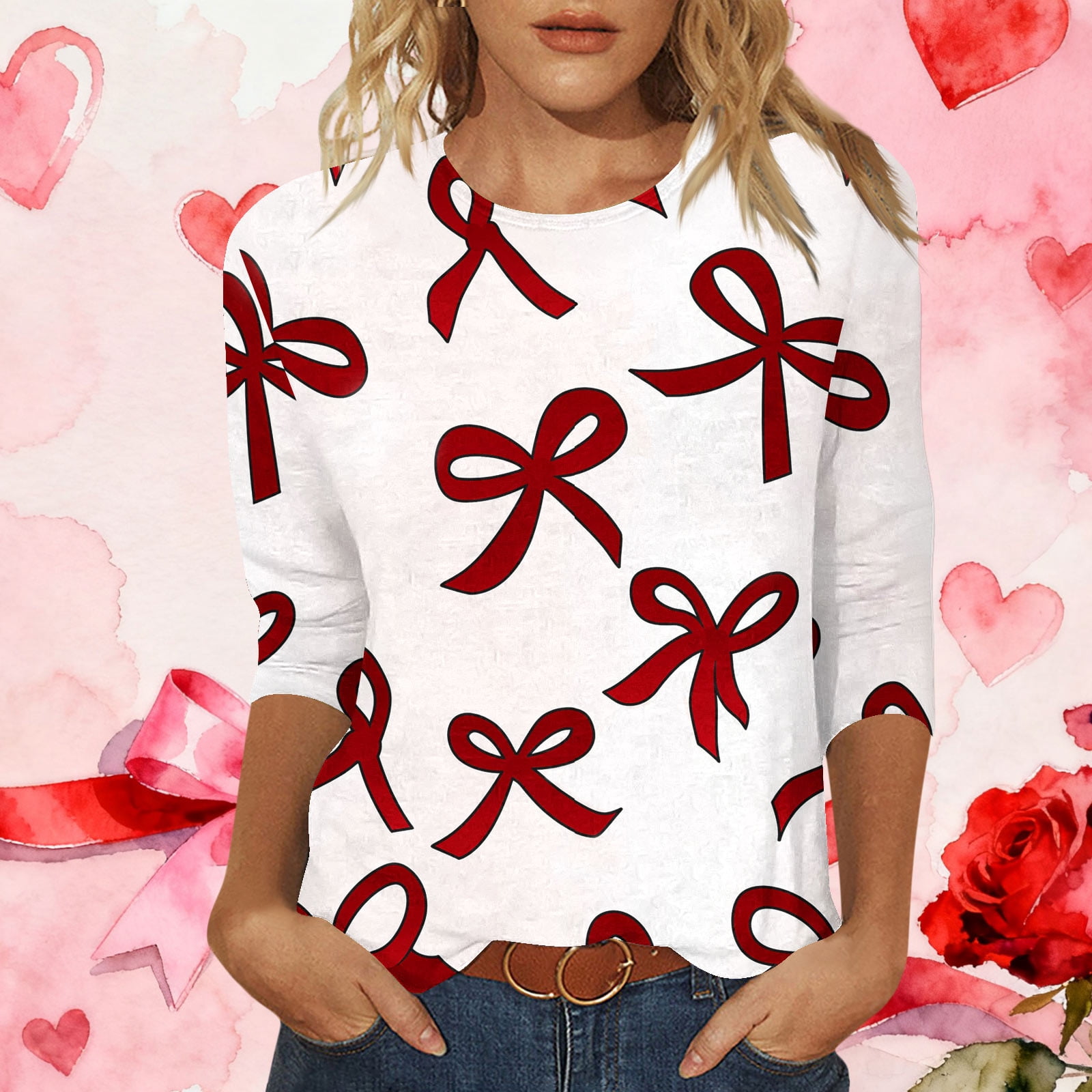 EchfiProm Womens Shirts Bow Print Graphic Tees Valentines Day Plus Size ...