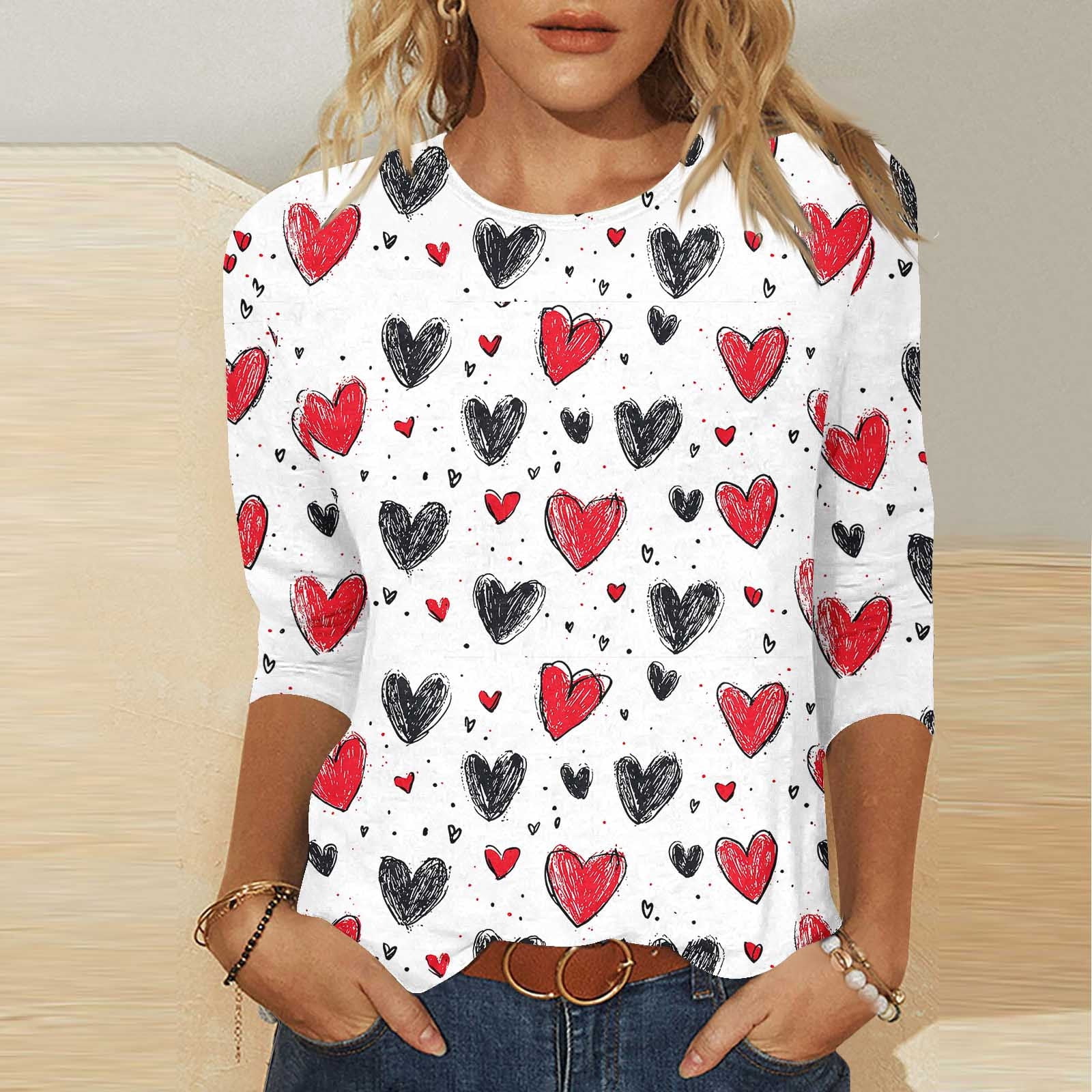 EchfiProm Womens Shirts Heart Printed T-Shirt Valentines Day Plus Size ...