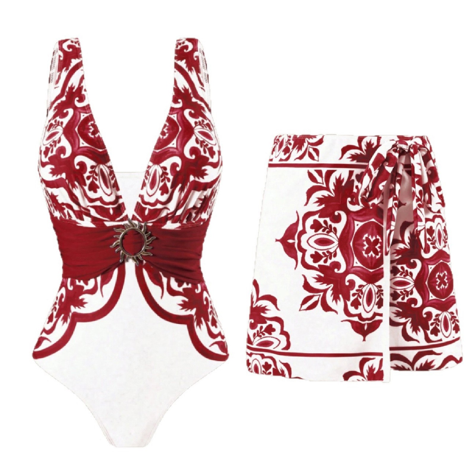 EchfiProm Womens Swimsuits Bikini One Piece Swimwear with Skirt Tummy ...