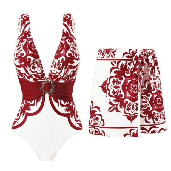 EchfiProm Womens Swimsuits Bikini One Piece Swimwear with Skirt Tummy ...