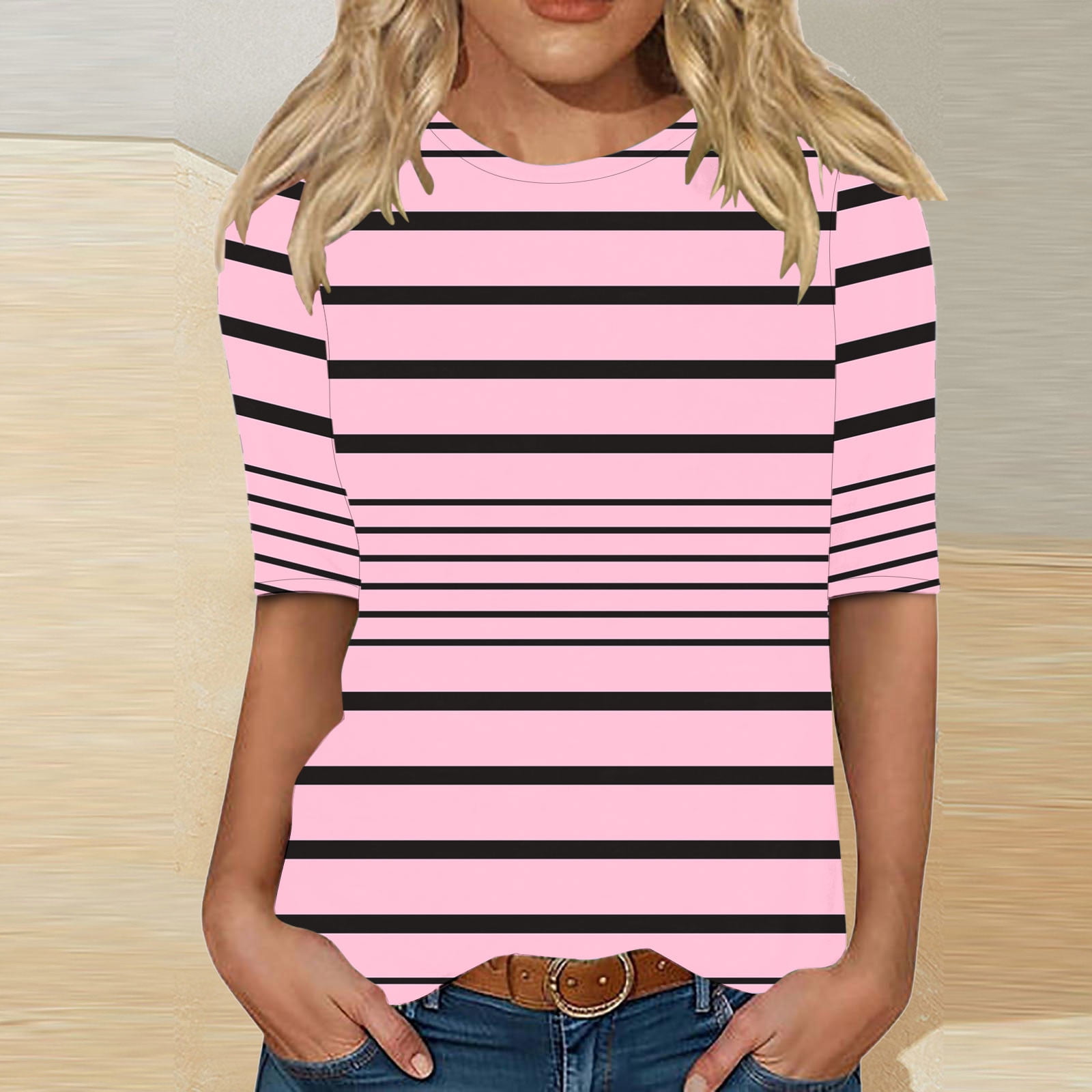 EchfiProm Womens Tops Pink Pullover Relaxed Fit Crew Neck Long Sleeve ...