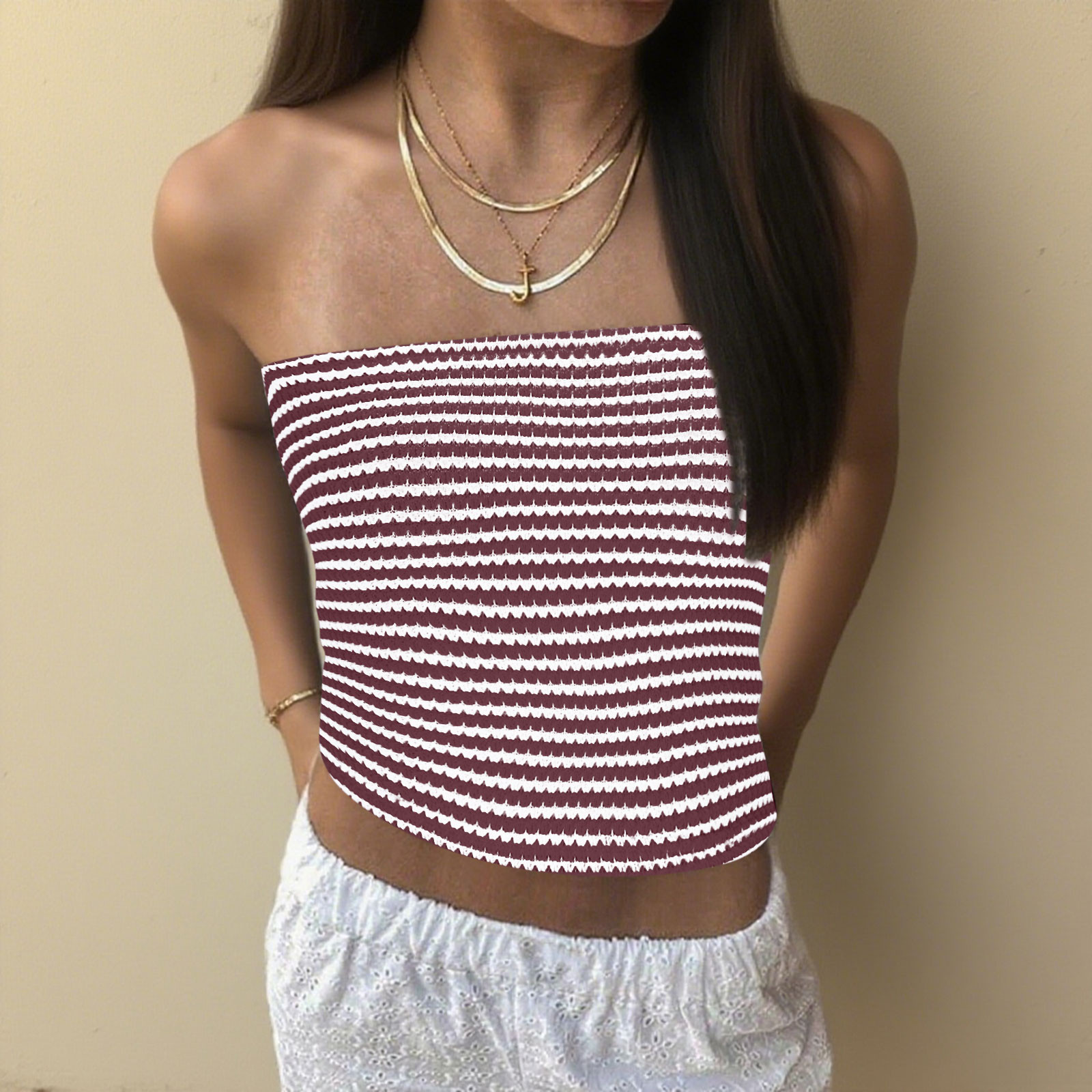 EchfiProm Womens Tube Tops Strapless Sleeveless Boat Neck T-Shirts Wine ...