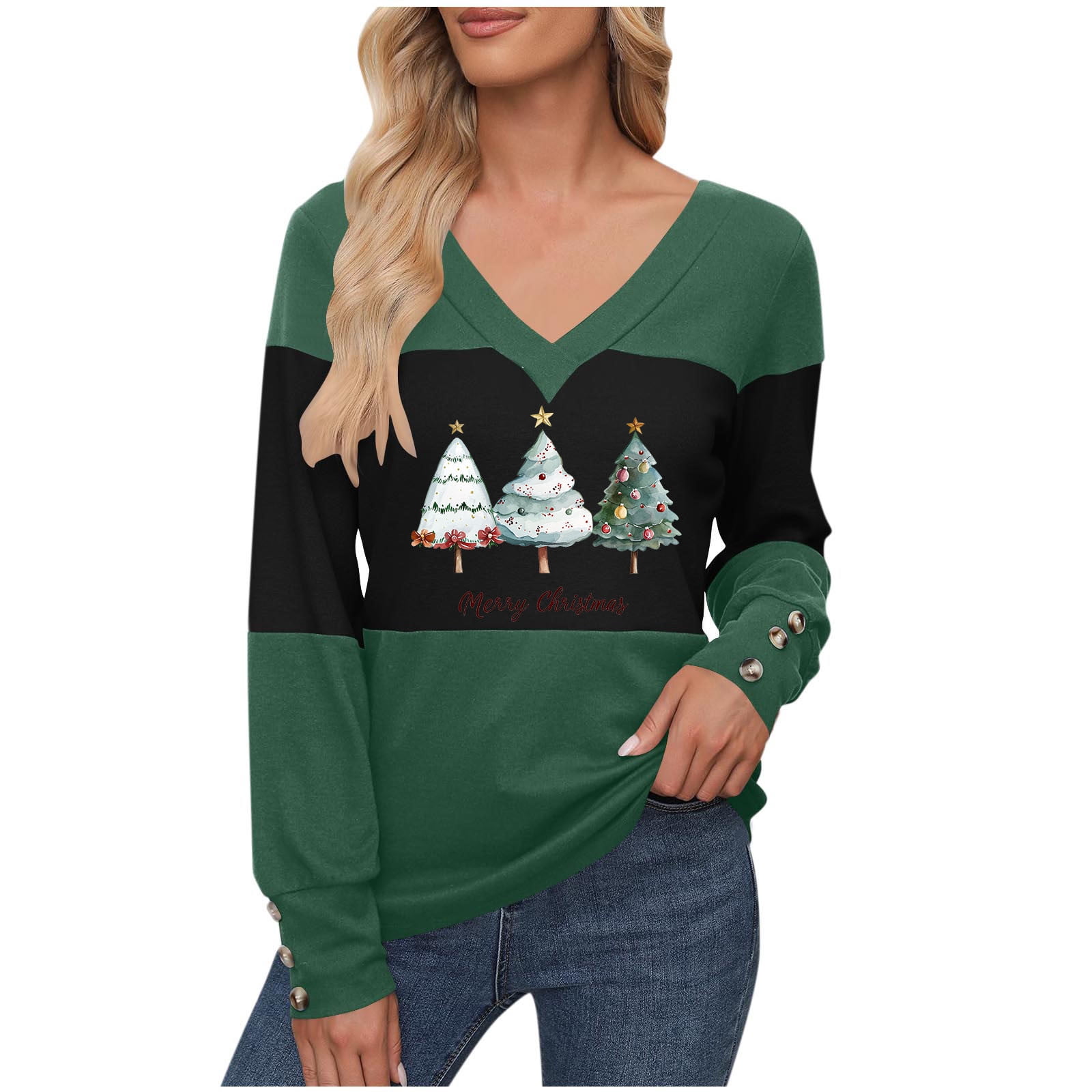 EchfiProm Womens V Neck Tops Ugly Army Green Outfits Christmas Reindeer ...