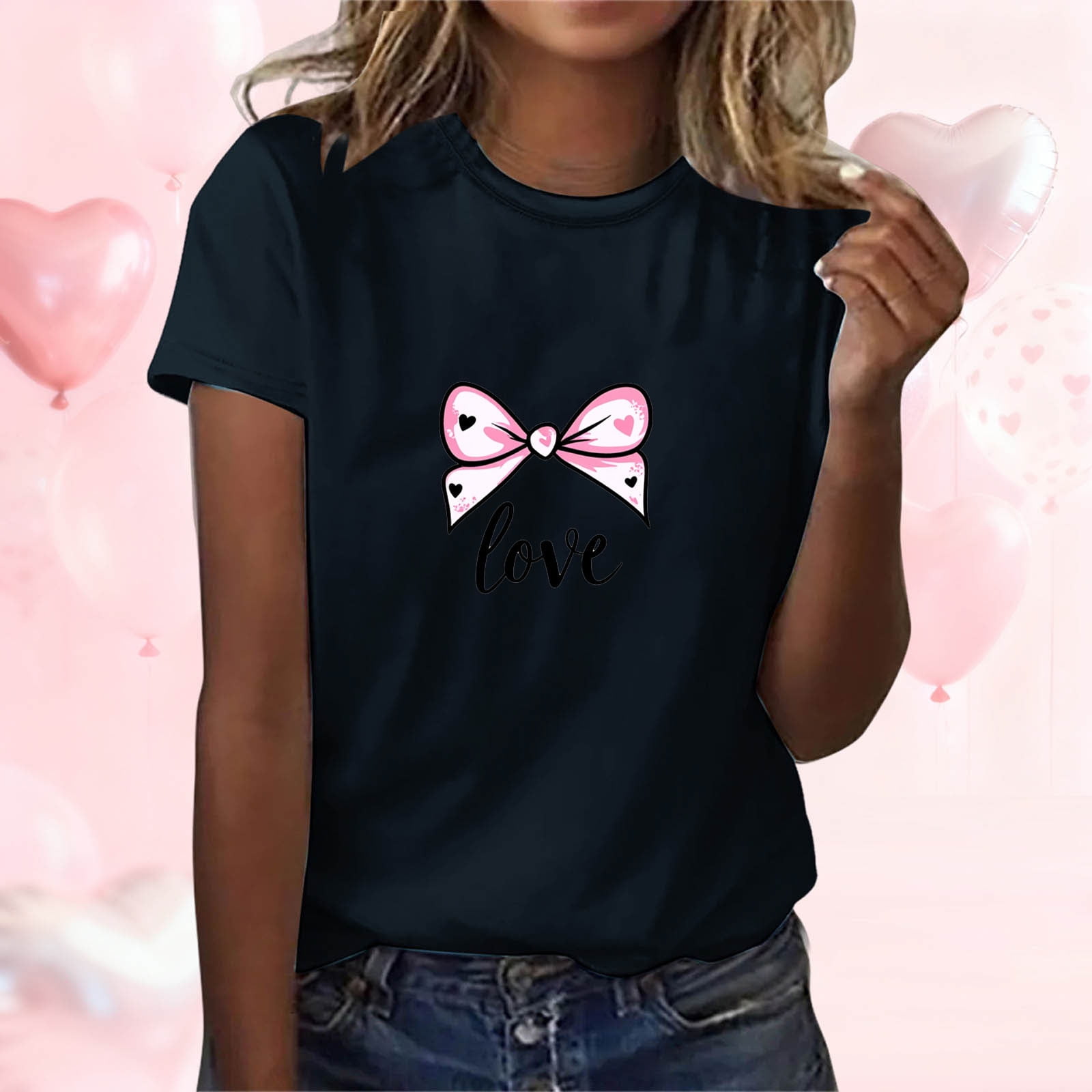 EchfiProm Womens Valentine Day Shirts Graphic Tee Bow Print Valentine ...