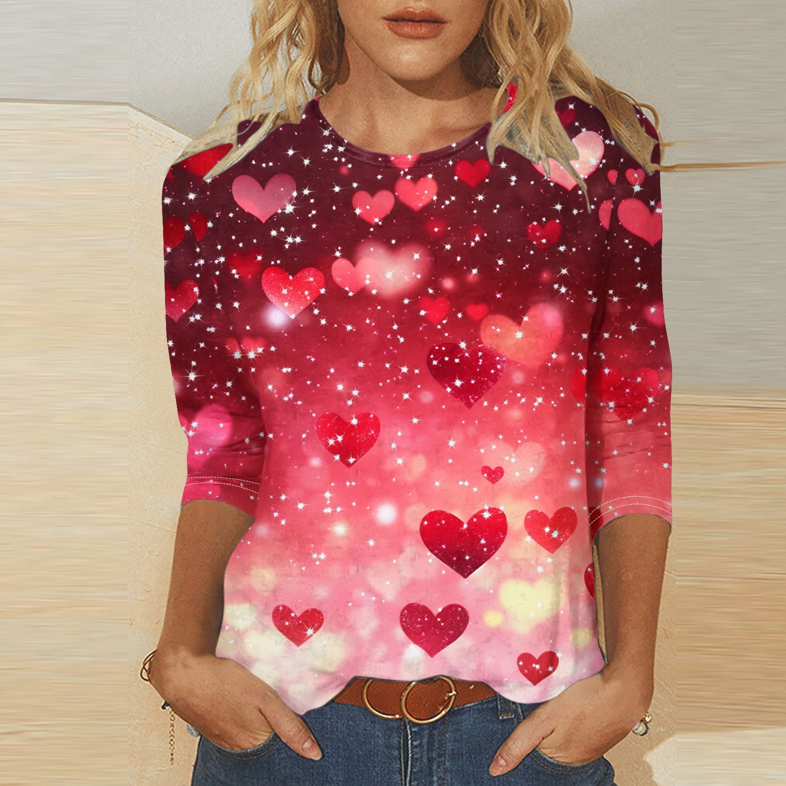 EchfiProm Y2k Tops for Women Valentine 3/4 Sleeve Tee 2025 Going out Crewneck Casual Tshirt L ...