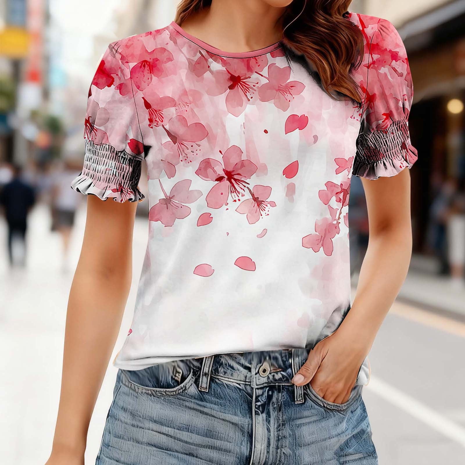 Echfiprom Boho Shirts for Women Puff Sleeve Summer Red Floral Crew Neck ...