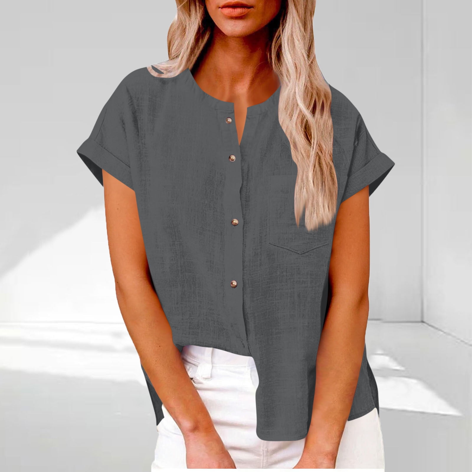 Echfiprom Button down Tops for Women Cotton Linen Spring Gray Loose ...