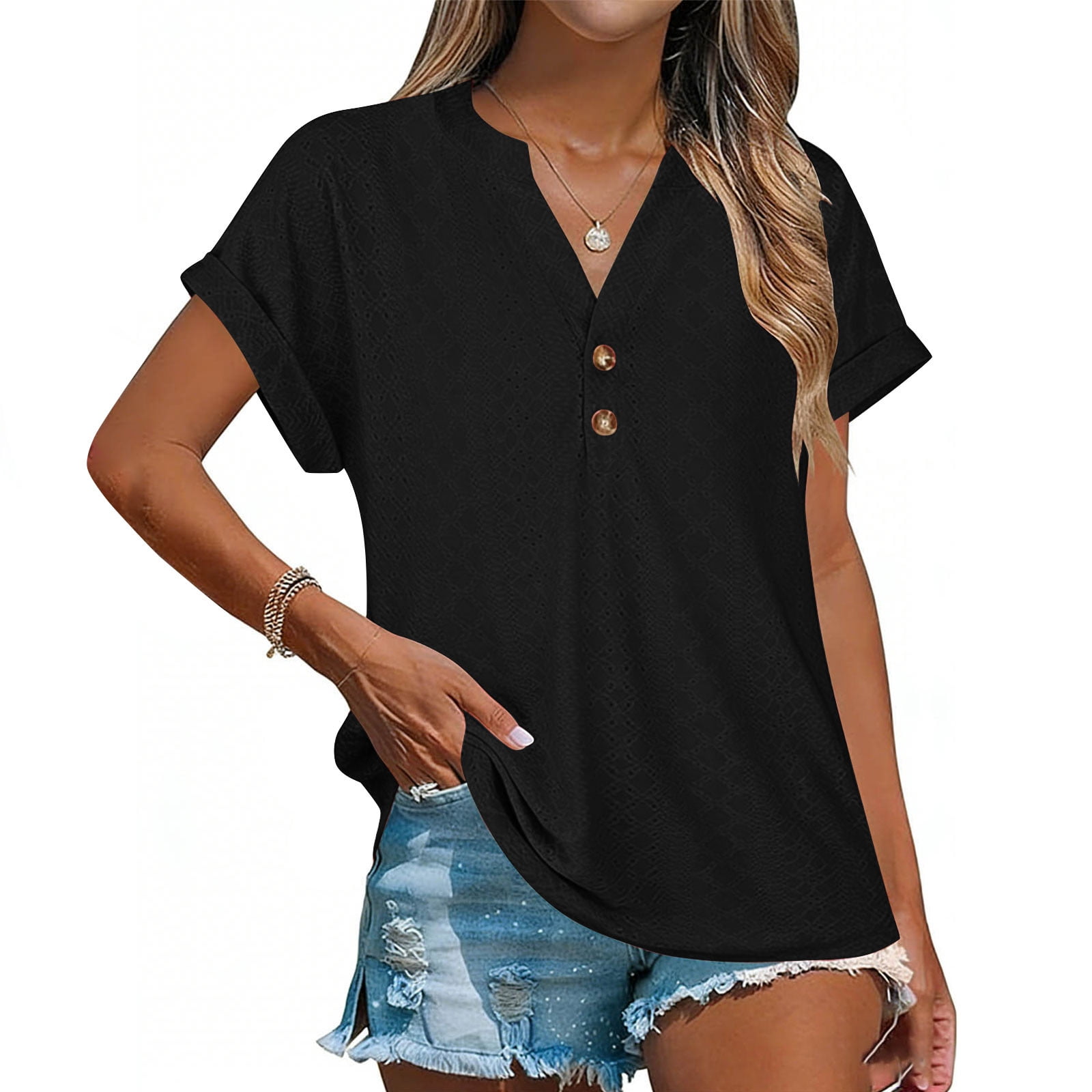 Echfiprom Cutout Tops for Women Henley Spring Black V-Neck Solid Color ...