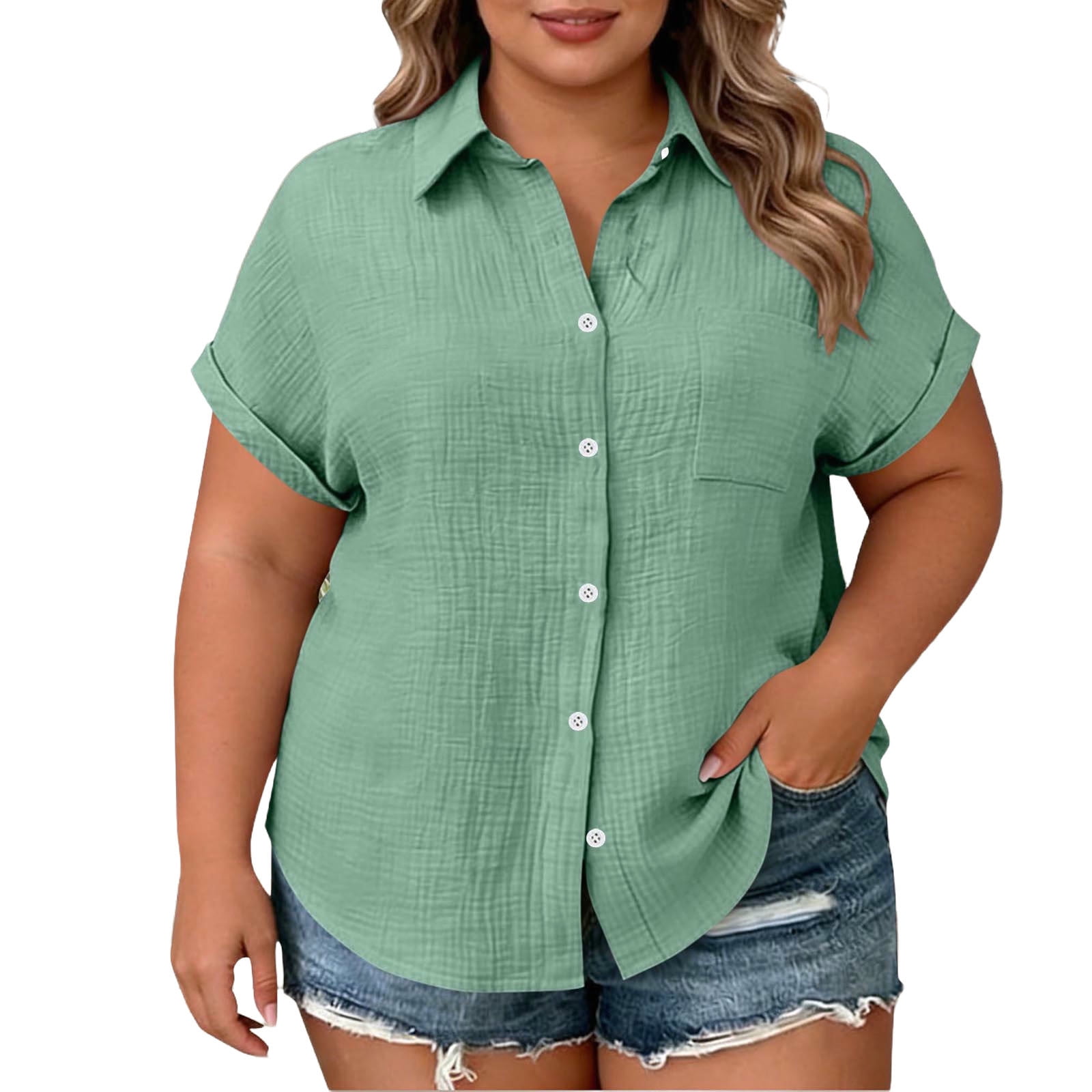 Echfiprom Mint Green Shirts for Women Button down Plus Size Solid Color ...