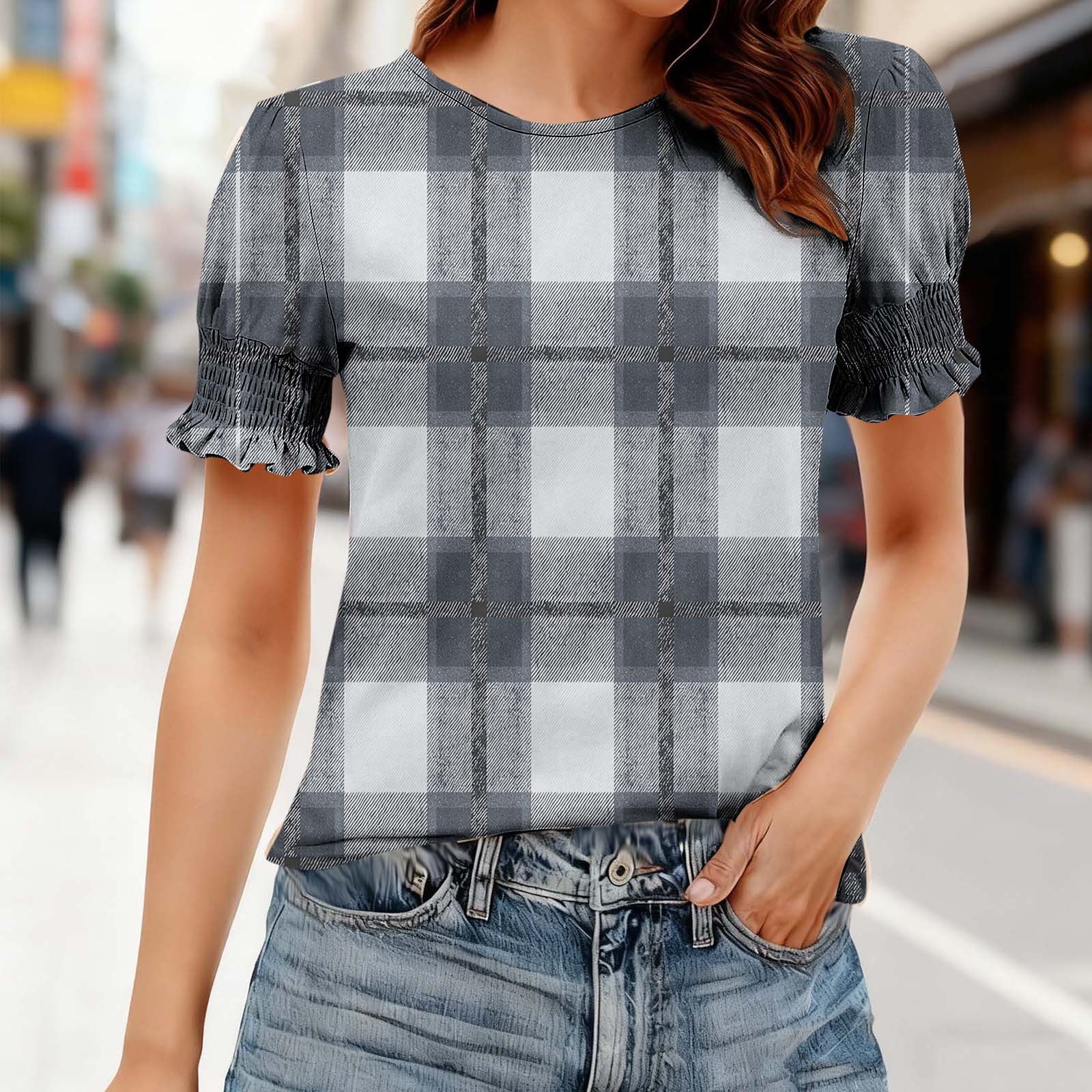Echfiprom Puff Sleeve Tops for Women Spring Black Plaid Comfy Loose ...