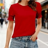 Echfiprom Red Tops for Women Puff Sleeve Plain Loose Short Sleeve Crew ...