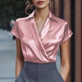 Echfiprom Tops for Women Lapel Satin Dressy Casual Pink Soft Loose ...