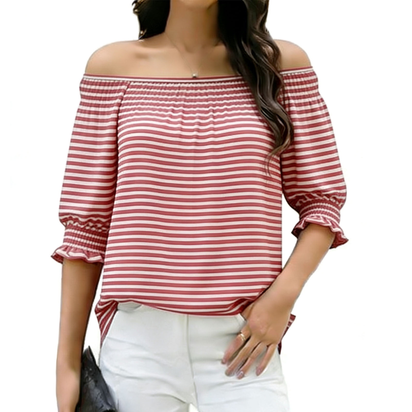 Echfiprom Trendy Shirts for Women Puff Sleeve Off The Shoulder Loose ...