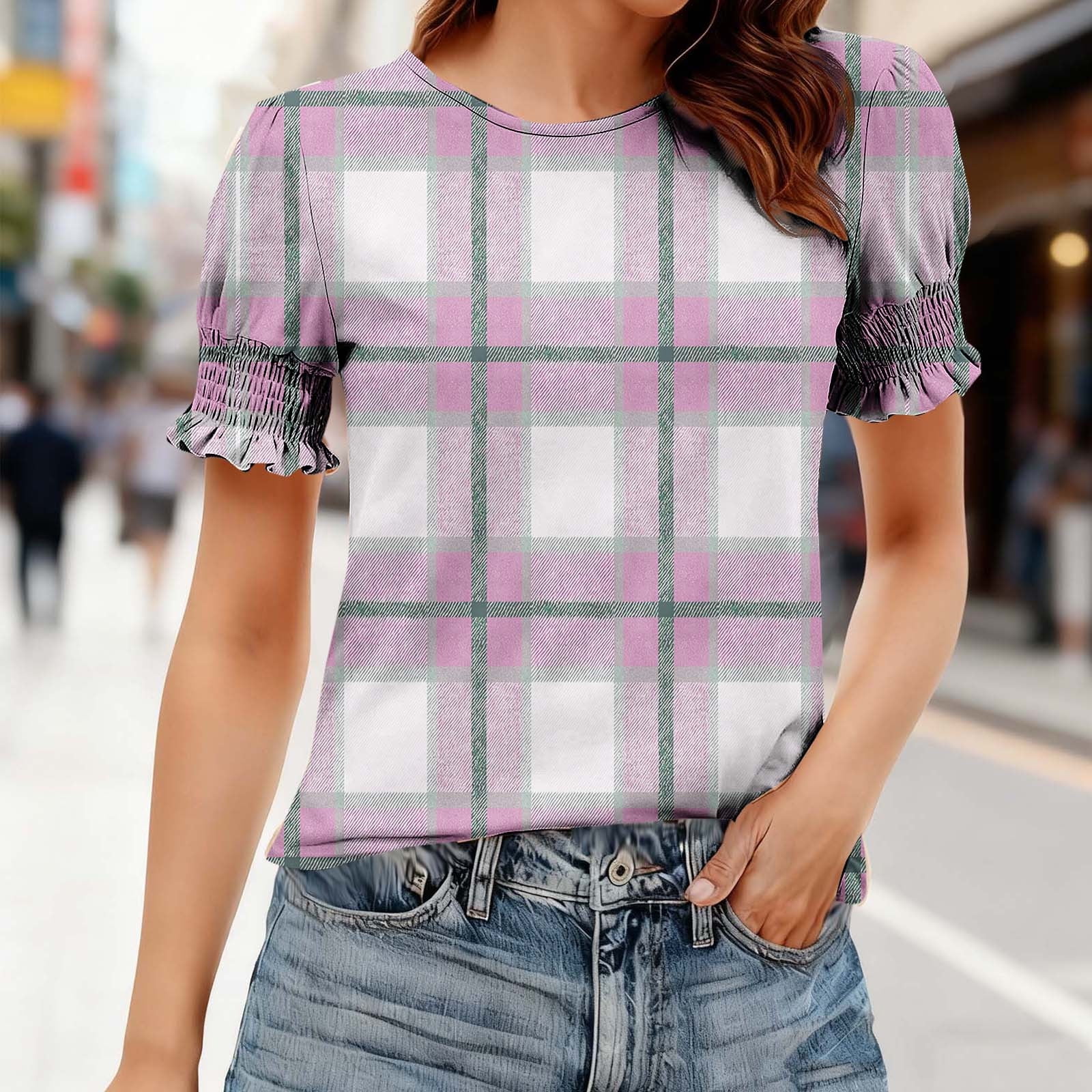 Echfiprom Womens Elegant Shirts Puff Sleeve Spring Purple Plaid Short ...