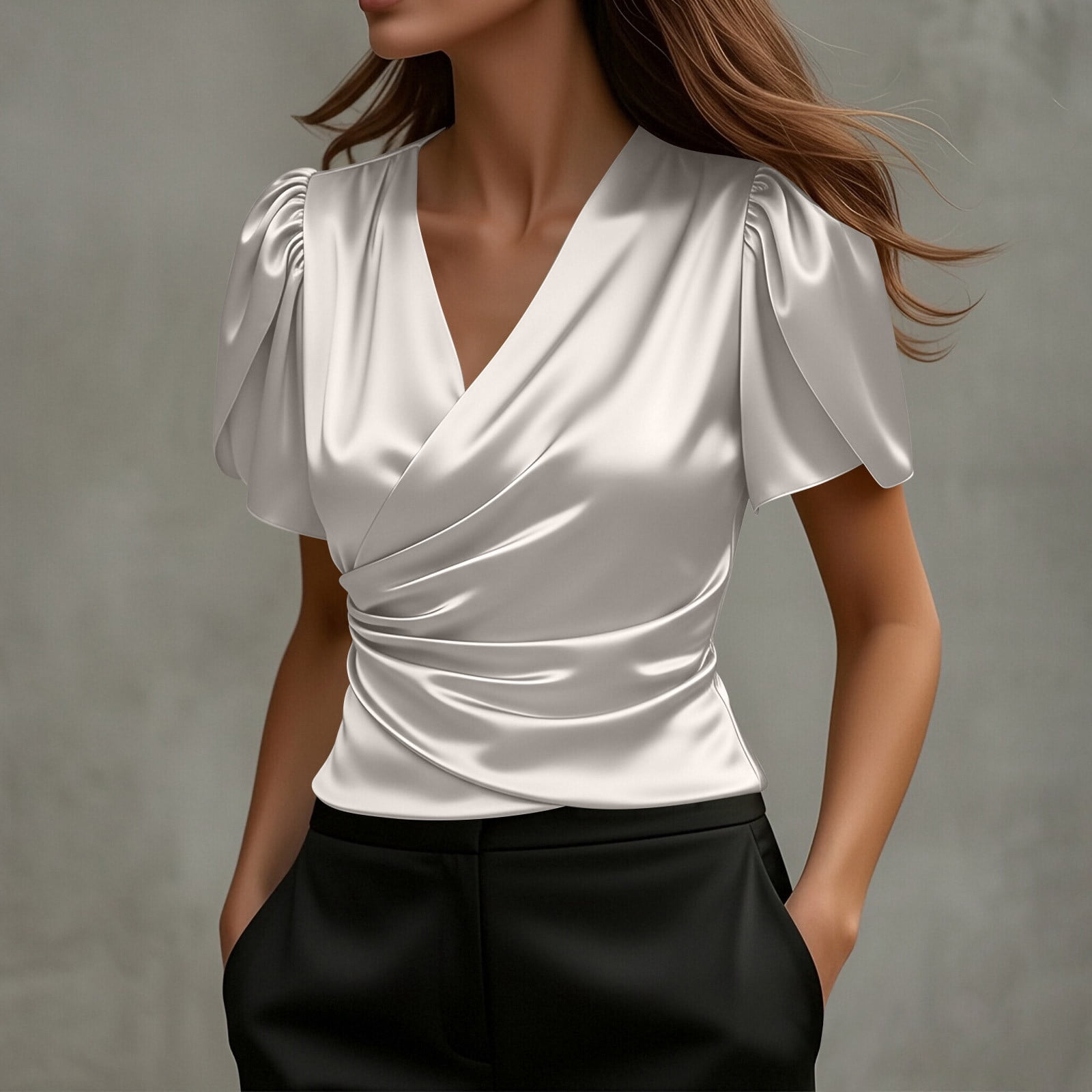 Echfiprom Womens Elegant Tops White Summer Dressy Casual Solid Color V ...