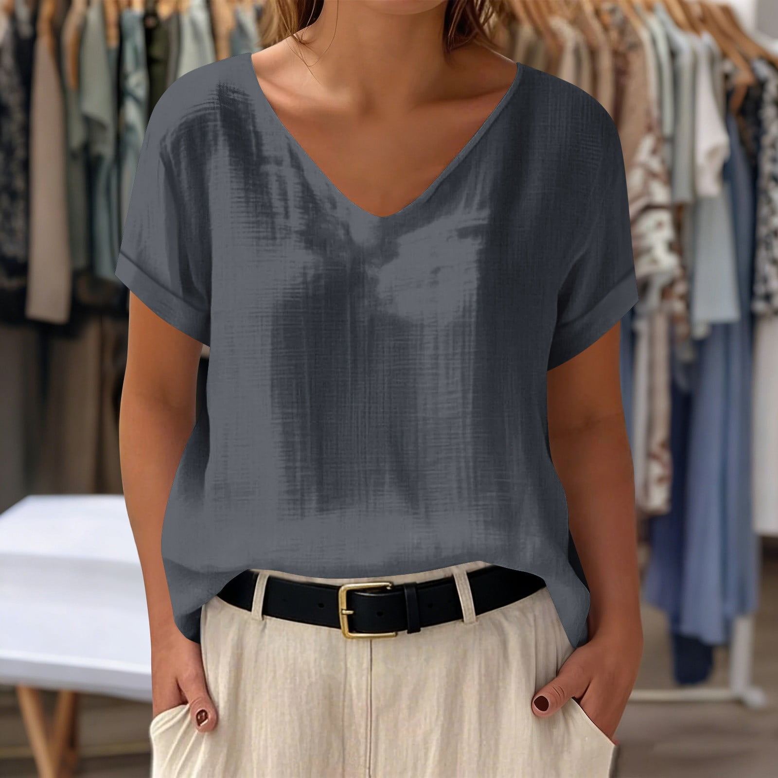 Echfiprom Womens Shirts Dark Gray Cotton Linen Dressy Casual Casual ...