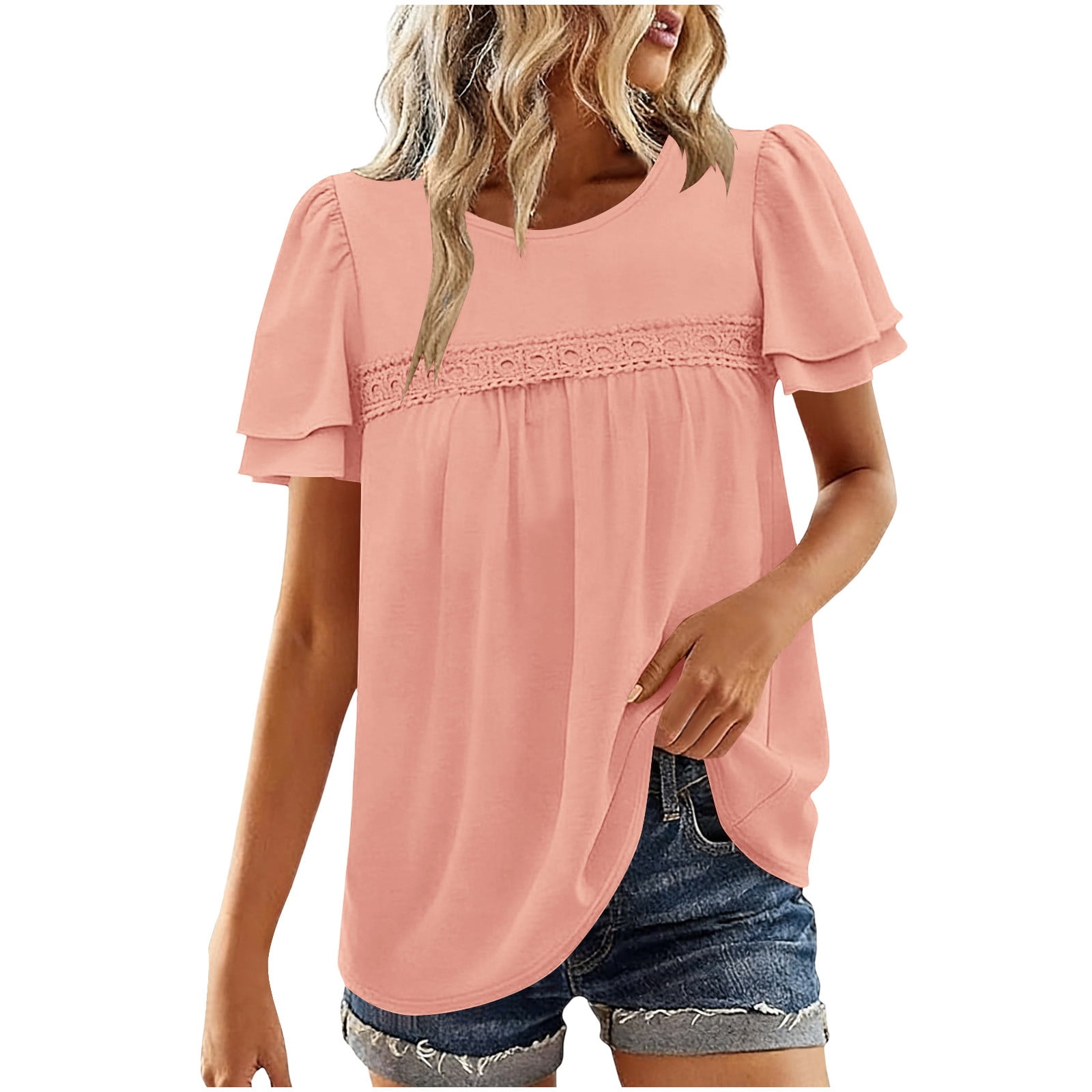 Echfiprom Womens Tops Pink Crew Neck Trendy Solid Color Comfy Flowy ...