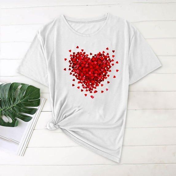 Echfiprom Womens Valentines Shirts Casual Red Heart Gifts White Crew ...