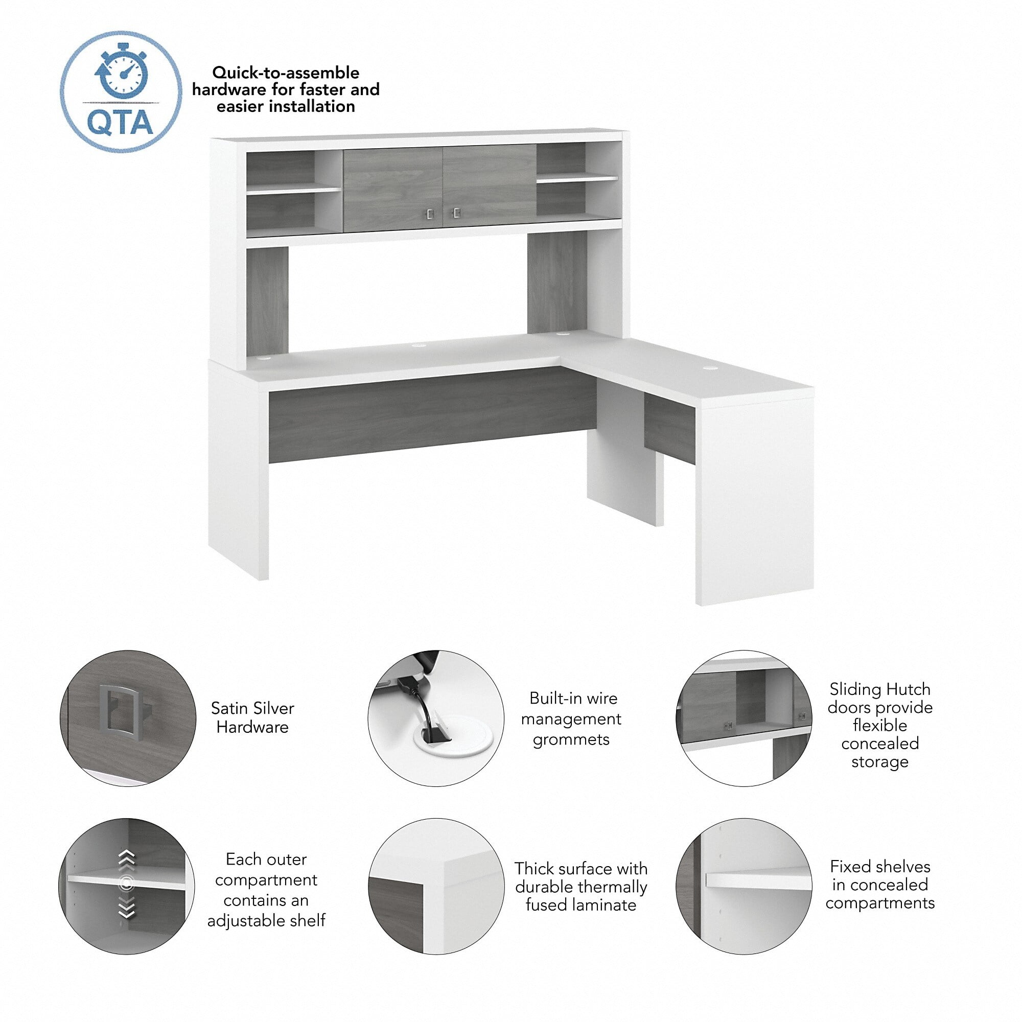 Echo 72W L Shaped Computer Desk with Hutch in White & Gray - Engineered ...