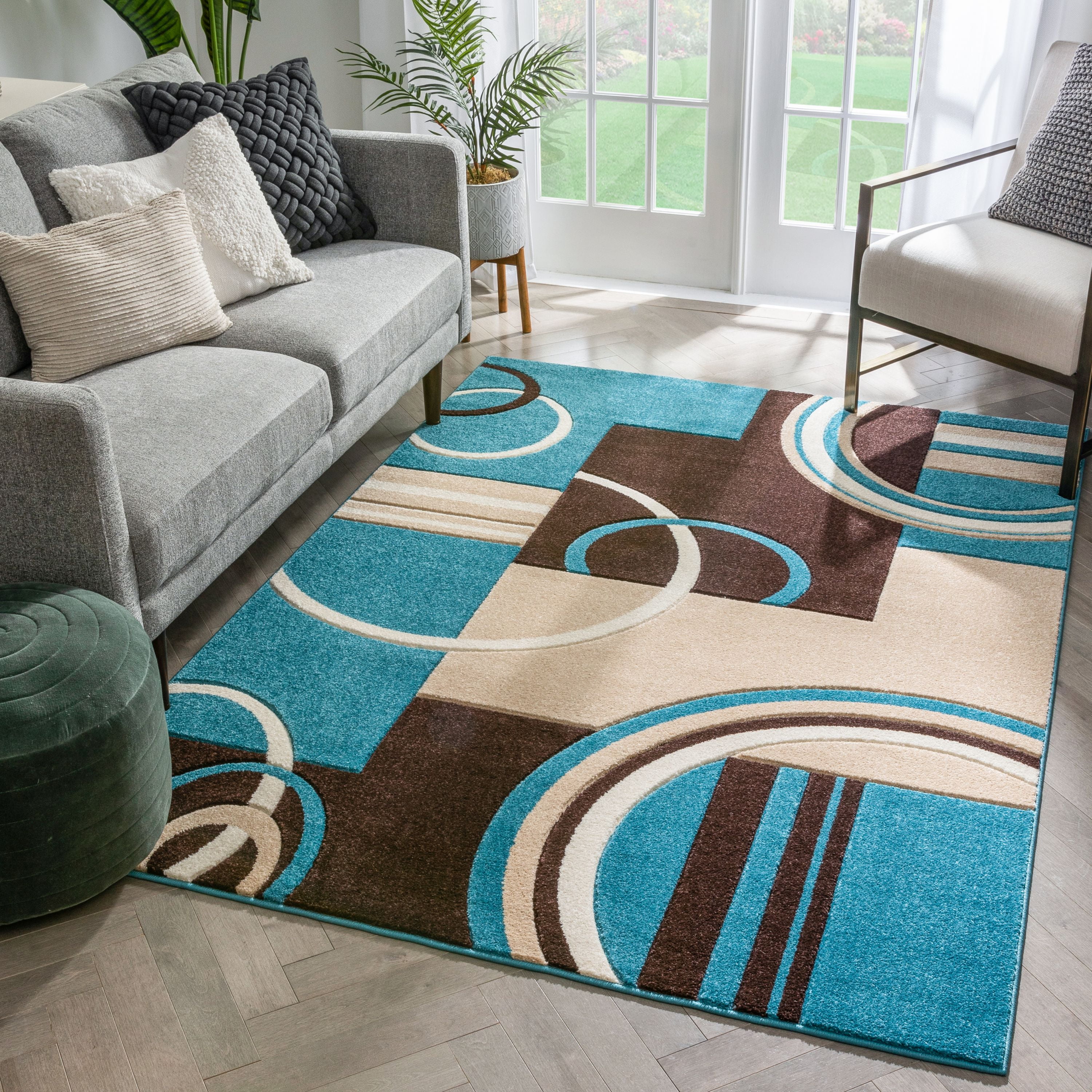 "Echo Modern Geometric Blue & Brown Area Rug 5x7 (5'3"" x 7'3""), Hand ...