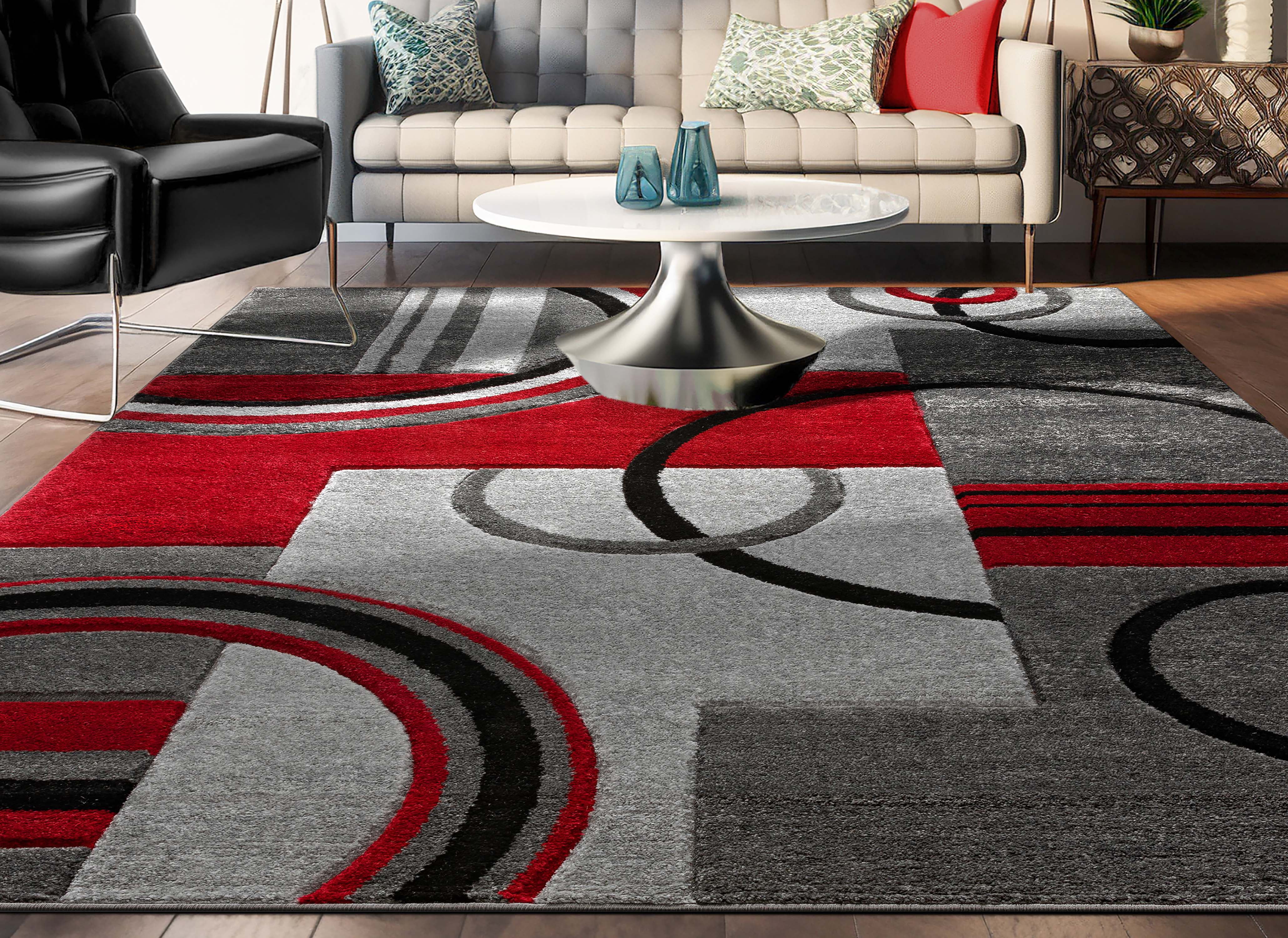 Echo Modern Geometric Red/Grey Area Rug 8x10, Hand Carved, Stain & Fade ...