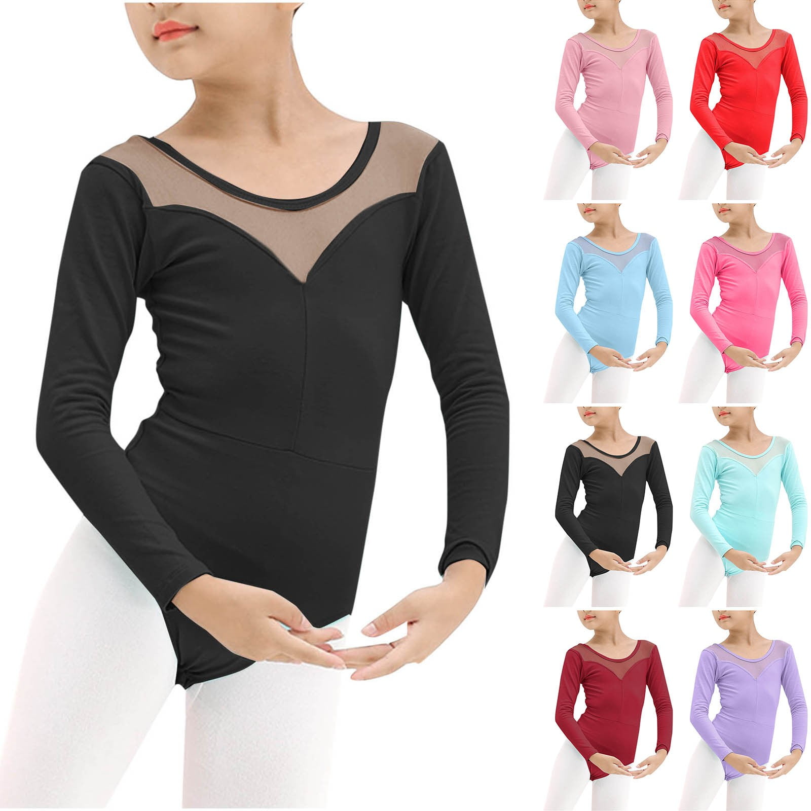 EchoC Girls' Long Sleeve Dance Leotard, Solid Color Gymnastics Bodysuit ...