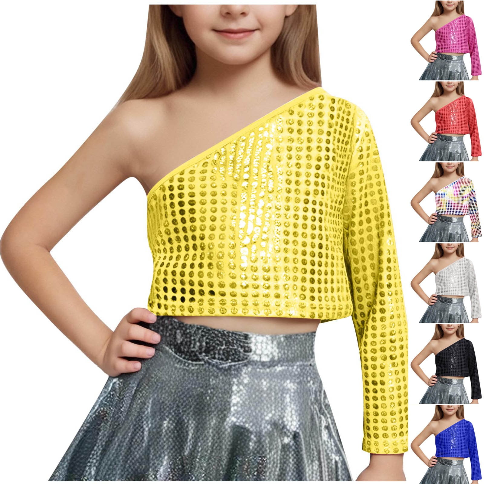 EchoC Kids' Sequin Sloping Shoulder T-shirt, Exposed Waist Top for ...