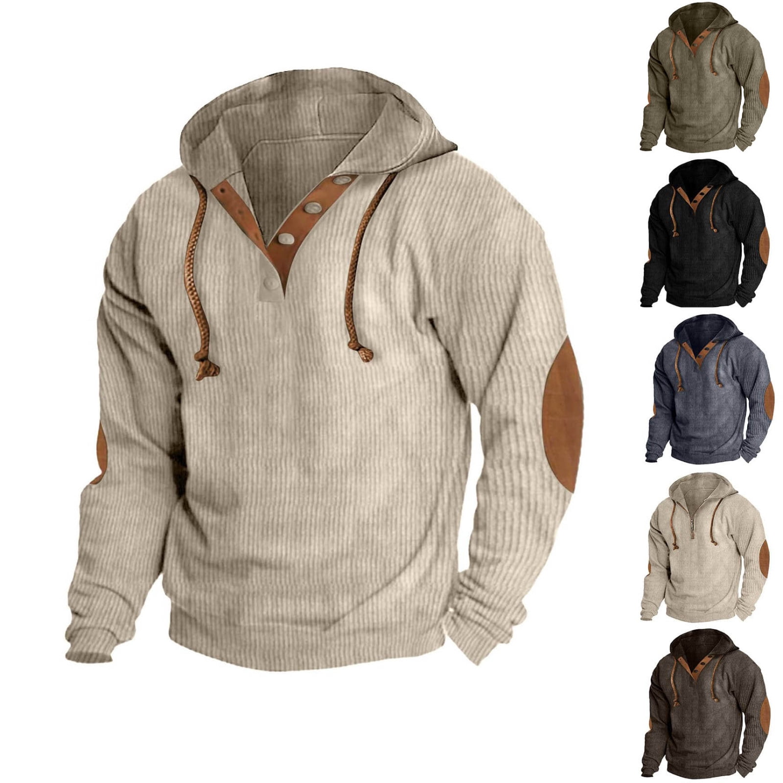 EchoC Men's Casual Corduroy Color Blocked Stand Up Collar Button Hooded ...