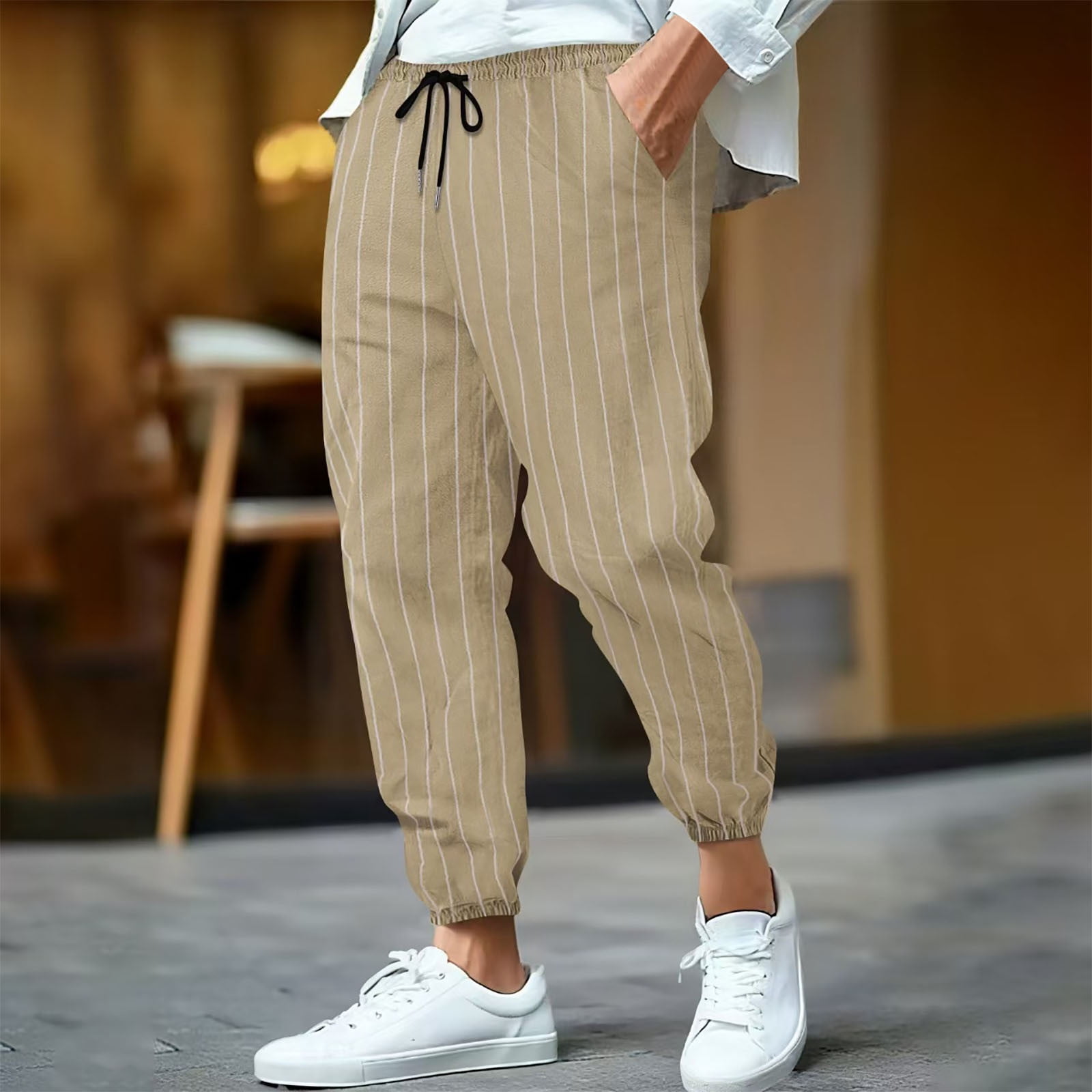 EchoC Men's Casual Striped Drawstring Pants, Elastic Waist Ankle Design ...