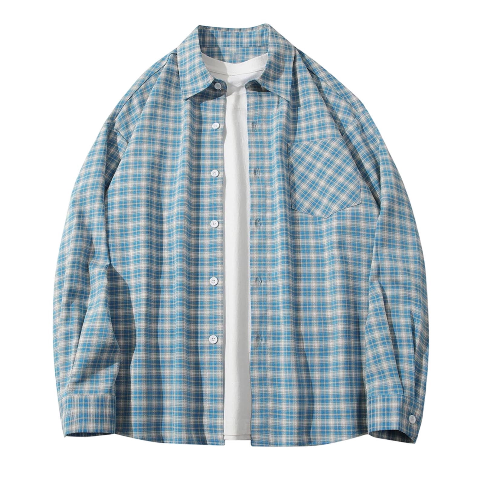 EchoC Men's Checkered Lapel Shirt, Casual Long Sleeve Top, 100% Cotton ...