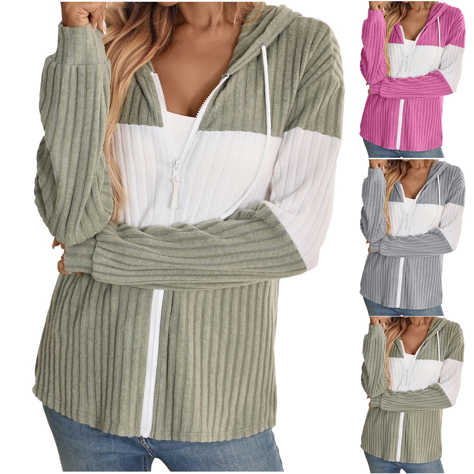 EchoC Women's Casual Long Sleeve Hooded Cardigan, Loose Fit Zipper Top ...