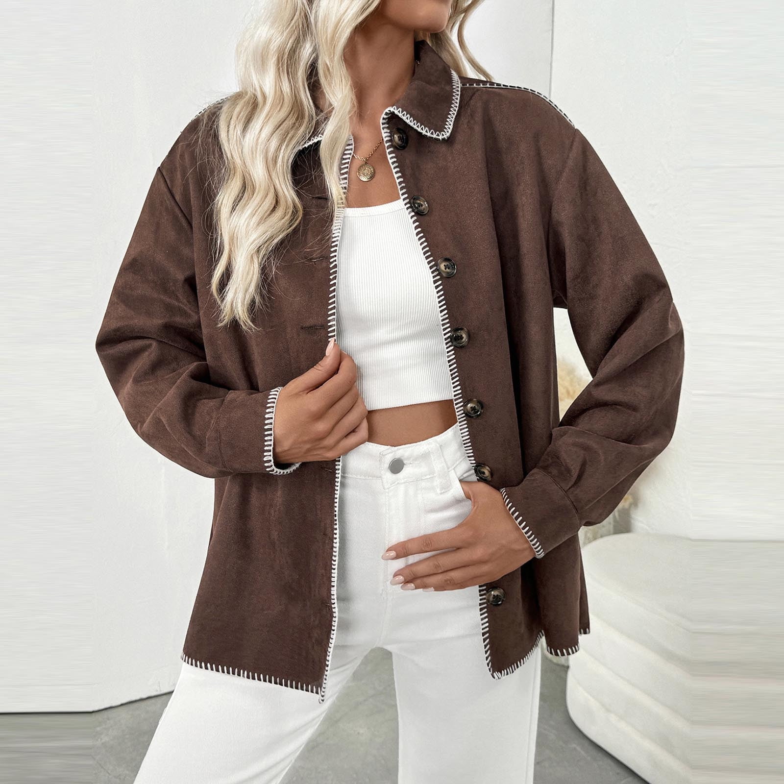 EchoC Women's Solid Color Blouses, Long Sleeve Hoodless Button Turndown ...