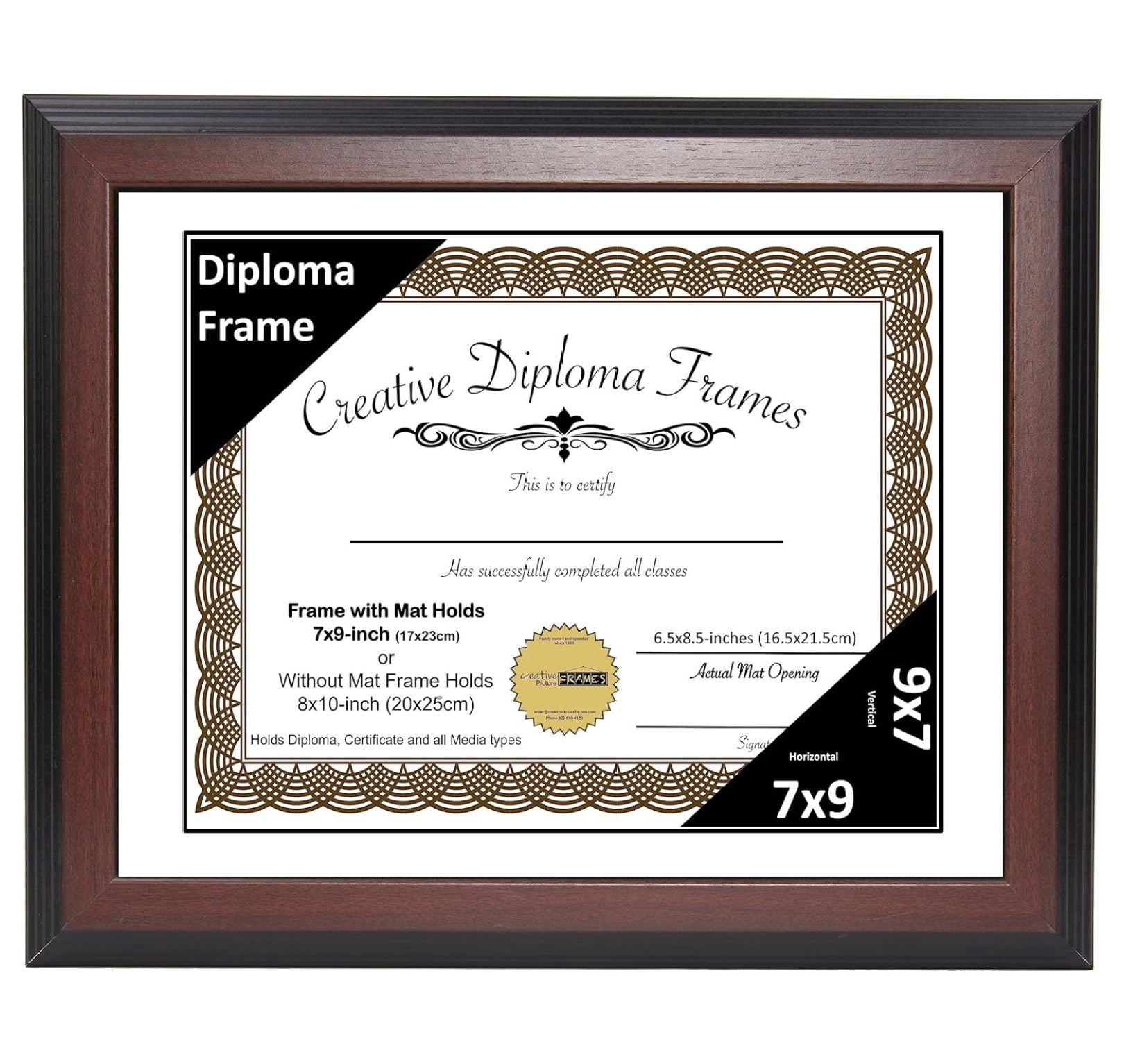 Echoworld 7x9 Mahogany Finish Diploma Frame with White Matting Holds 7 ...