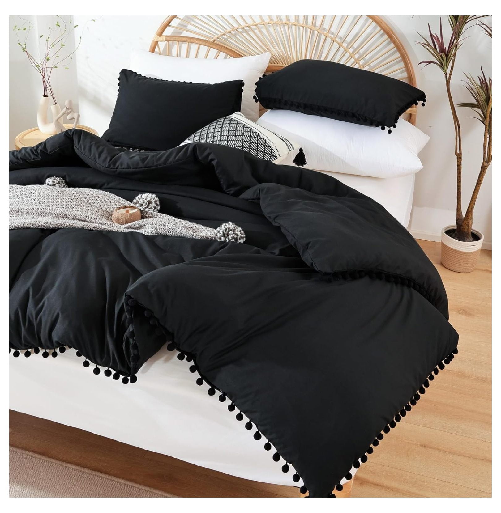 Echoworld Black Pom Fringe Design Queen Comforter Set 3pcs, Boho ...