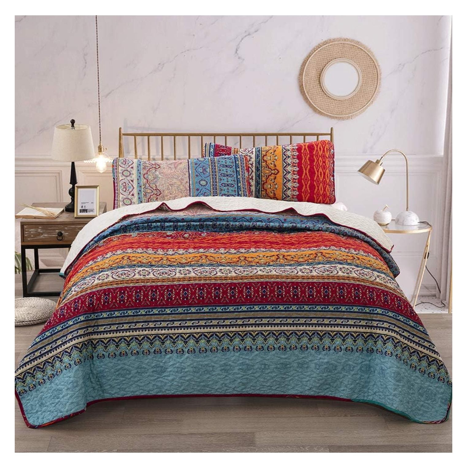 Echoworld Bohemian Quilt Set King Size, Boho Striped Printed Bedding ...