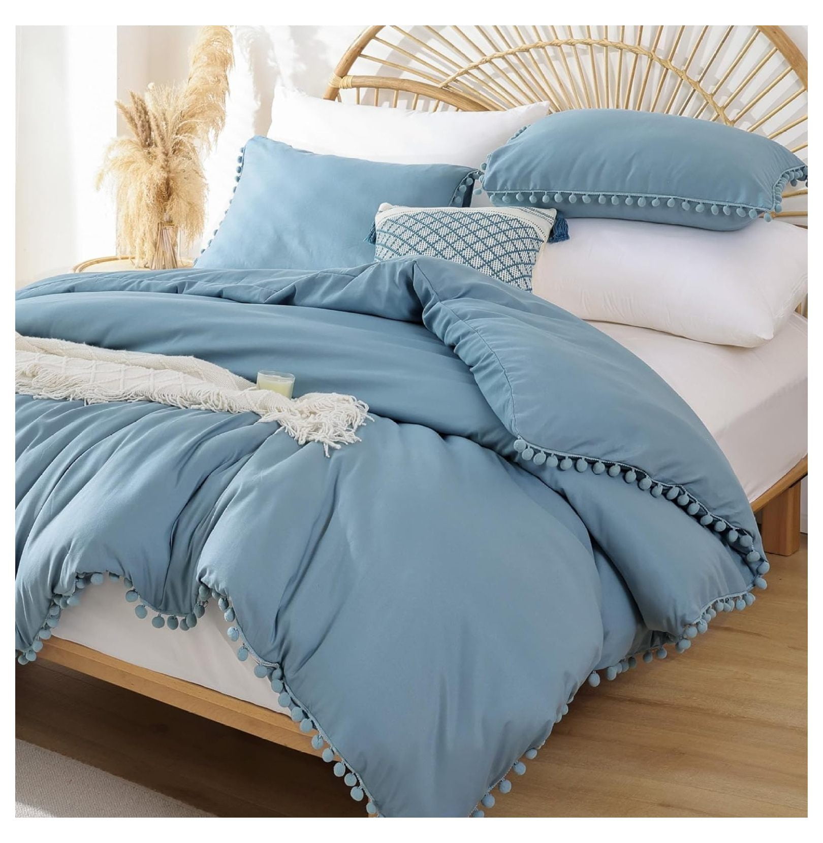Echoworld Dusty Blue Pom Fringe Design Queen Comforter Set 3pcs, Boho ...