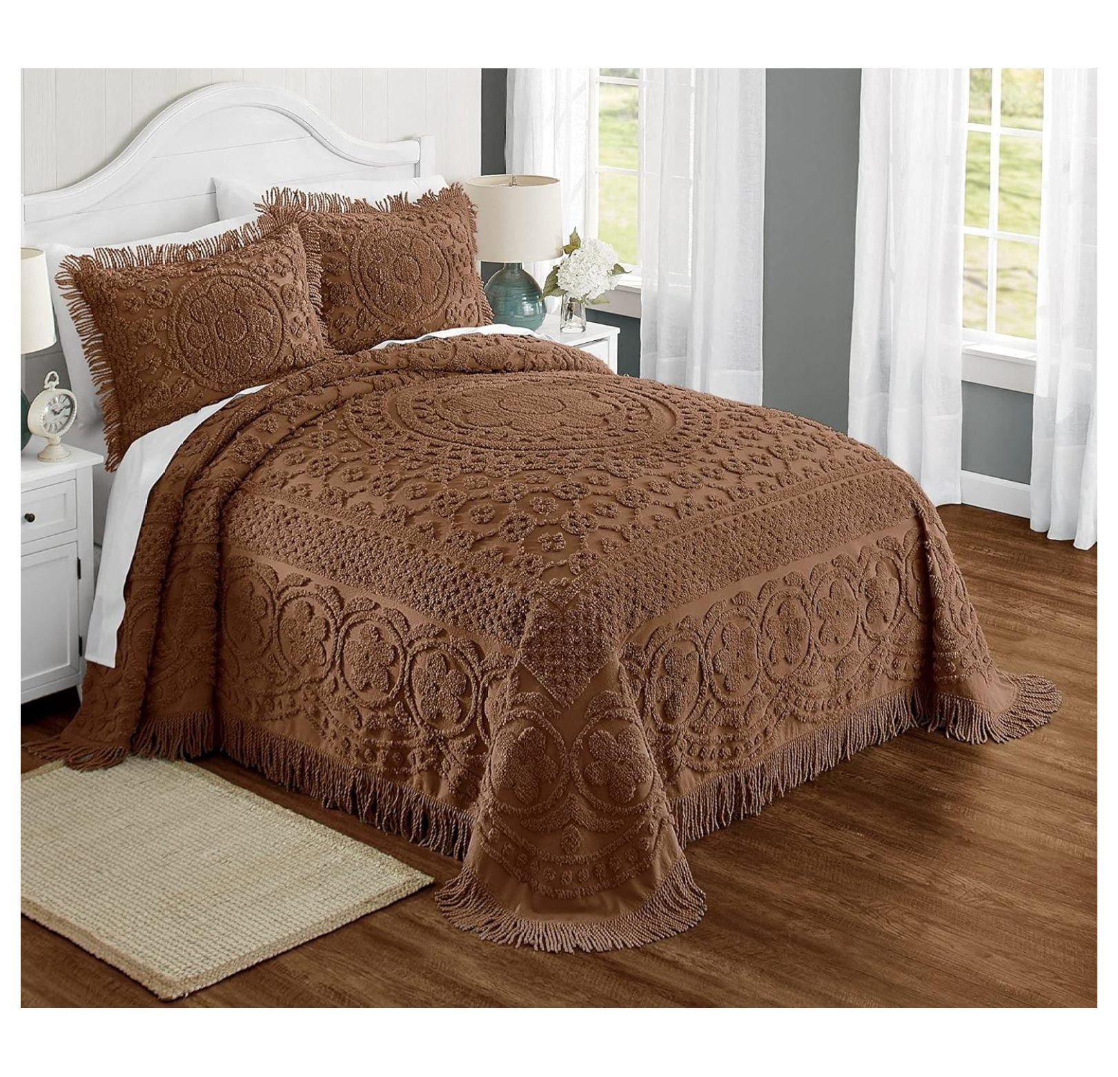 Echoworld Emily Floral Chenille Bedspread, Soft Cotton Comforter, Full Size Quilt in Chocolate ...