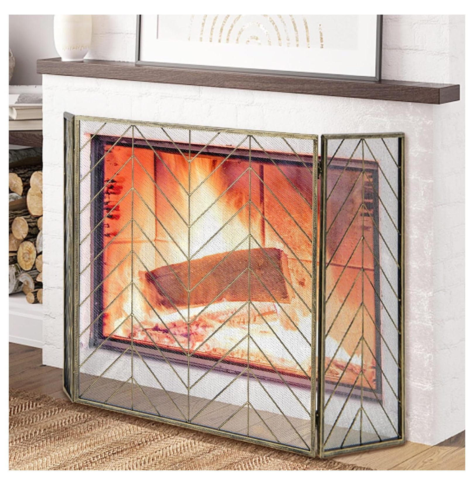 Echoworld Fireplace Screen, 3-Panel Foldable Wrought Iron Fireplace ...