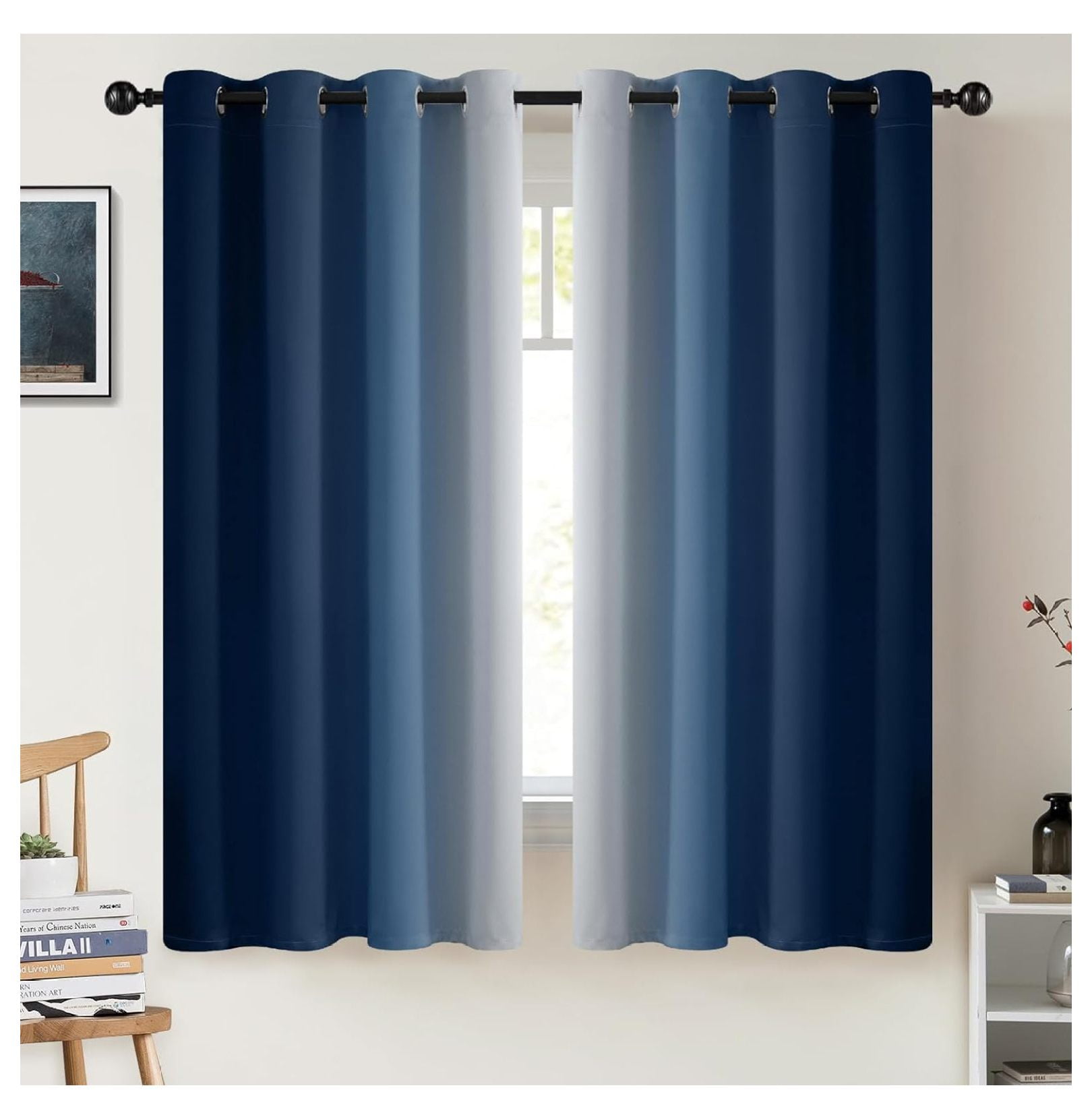 Echoworld Grommet Ombre Room Darkening Curtains 63 inch Length, Blue and Greyish White Gradient ...